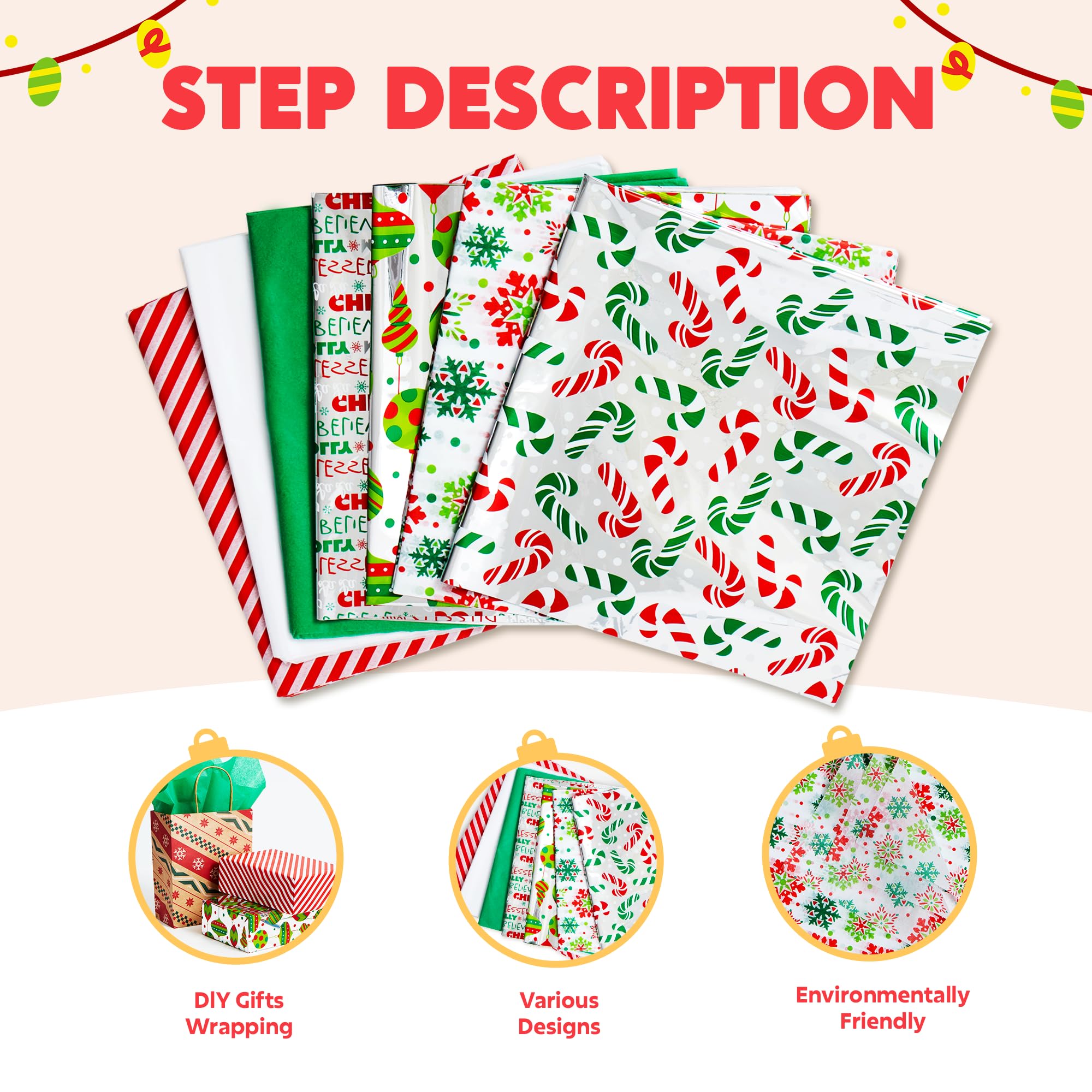JOYIN 150 Pieces Christmas Wrapping Tissue Paper w/ Hologram & Prints for Gift Decoration, Gift Wrapping Boxes and Bags, Holiday Gift Extra-Special, Christmas Trees, Wine Bottles, Art & Craft and More