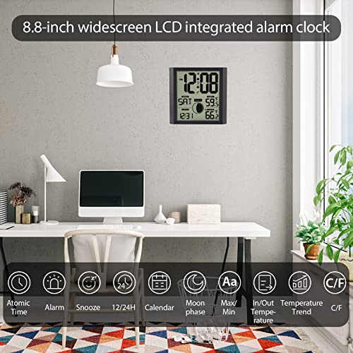 Digital Atomic Wall Clock, Atomic Clocks with Indoor Outdoor Temperature,Battery Operated,Calendar,Large Number Clock with Day and Date for Bedroom Home Office Elderly