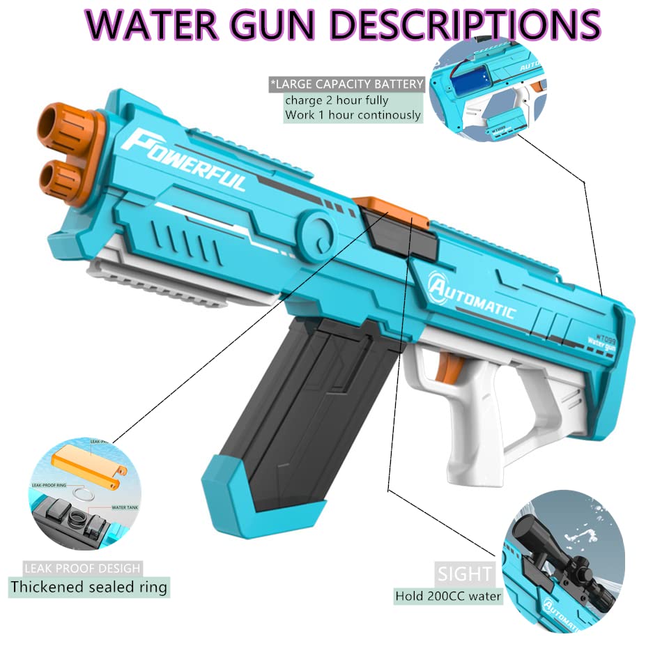 JCWH Electronic Powerful Water Gun,Electric Squirt Gun, with ABS Material 1100cc Large Capacity Strong 49 Ft Long Rang Shooting for Summer Water Toys Gun Kids Adults