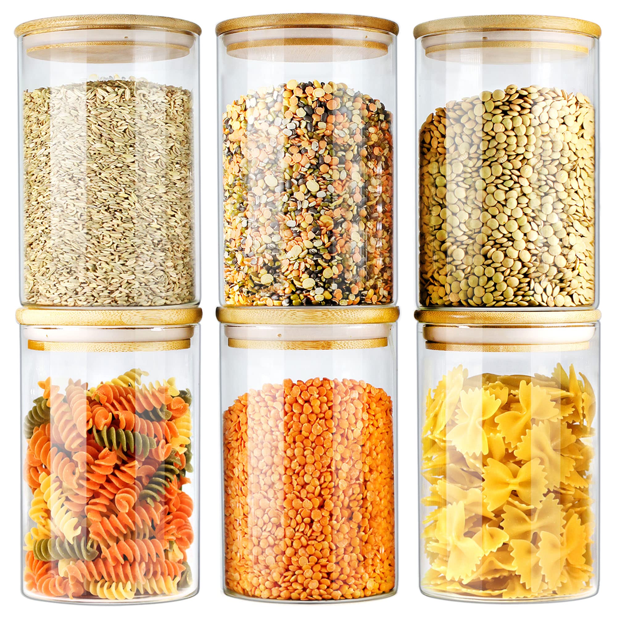 Glass Jar with Bamboo Lid, Glass Food Storage Jar with Airtight Lid, 6 pack of 26oz, Glass Food Storage Container with Bamboo Lid, Glass Pantry Jars, Glass Canisters with Lids for Kitchen Storage and Organization