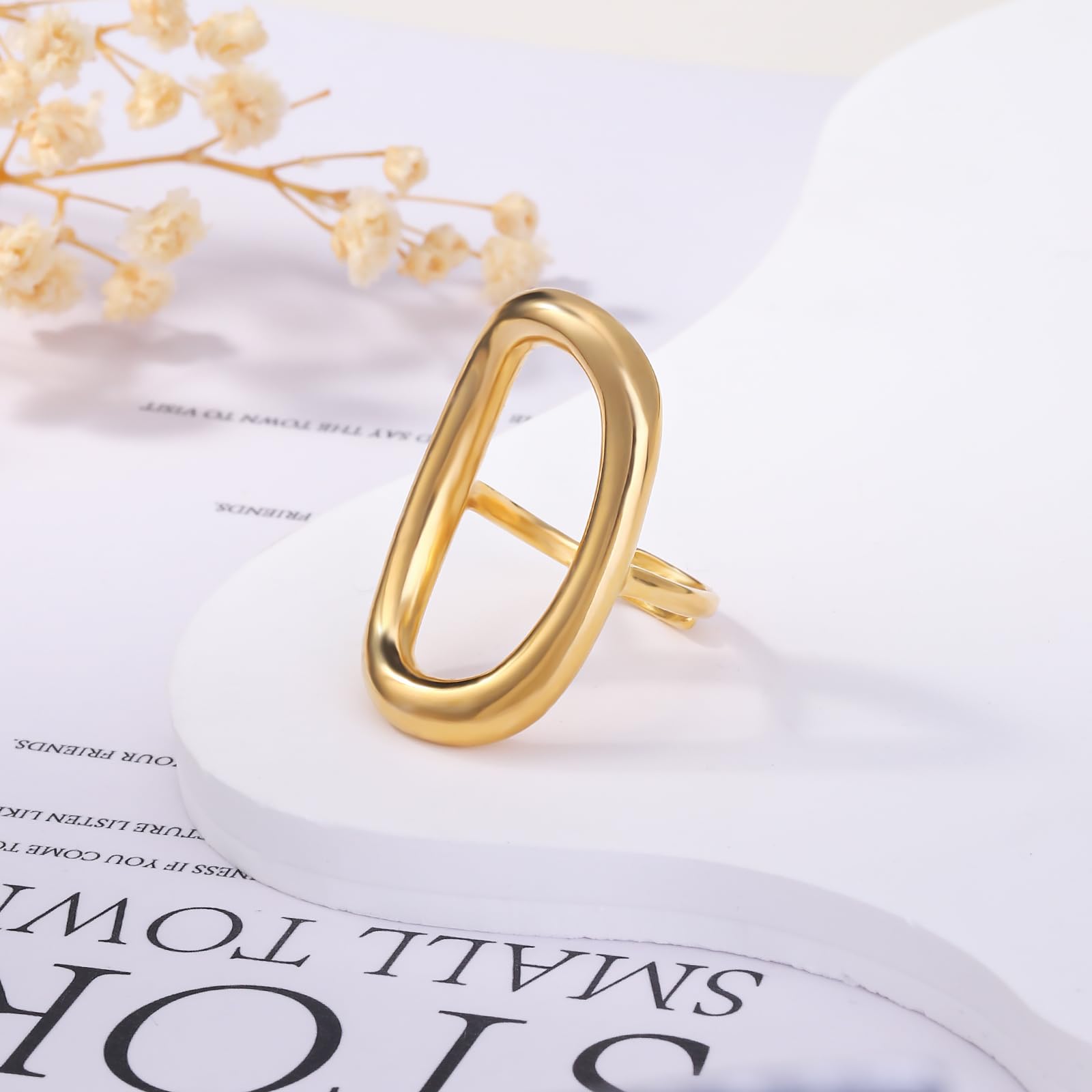 YADUDA Dainty Oval Open Ring for Women 18K gold plated Chunky Statement Band Rings Simple Stack Finger Jewelry Gift,Size 8