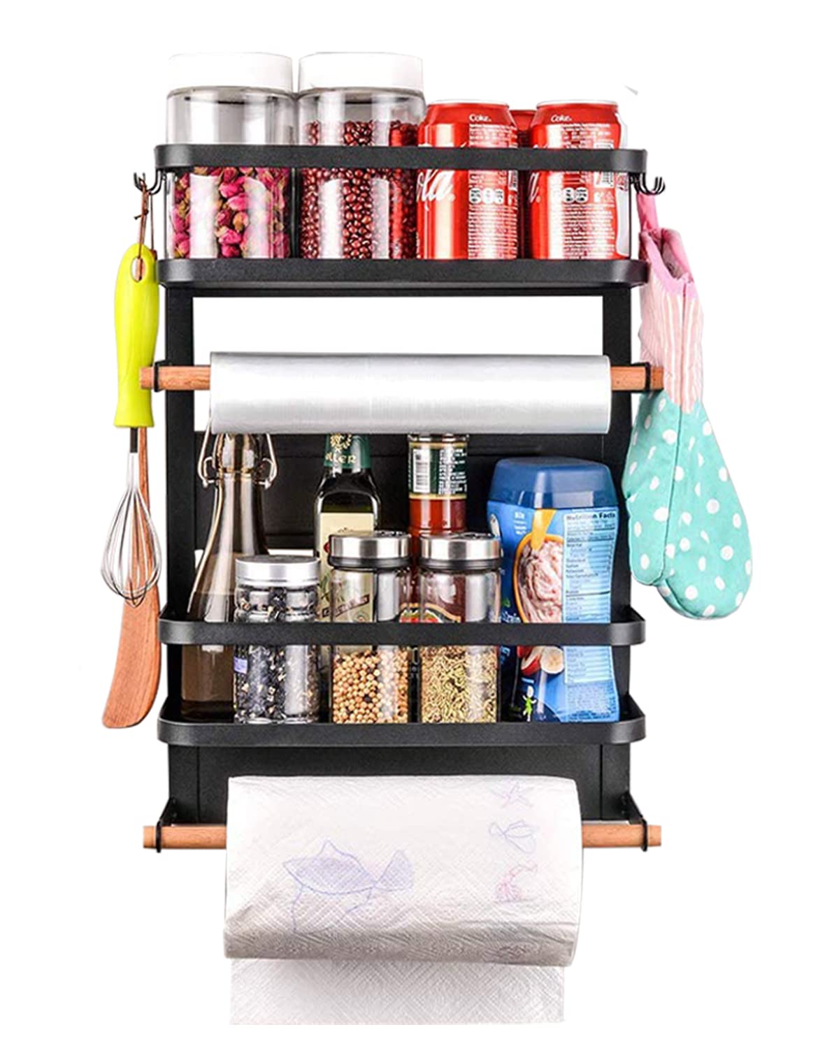 Magnetic Fridge Organizer with 2 Paper Towel Holder, Large Foldable Strong Magnetic Spice Rack with 5 Removable Hooks,Magentic Shelf Hold up to 30LBS (Black)