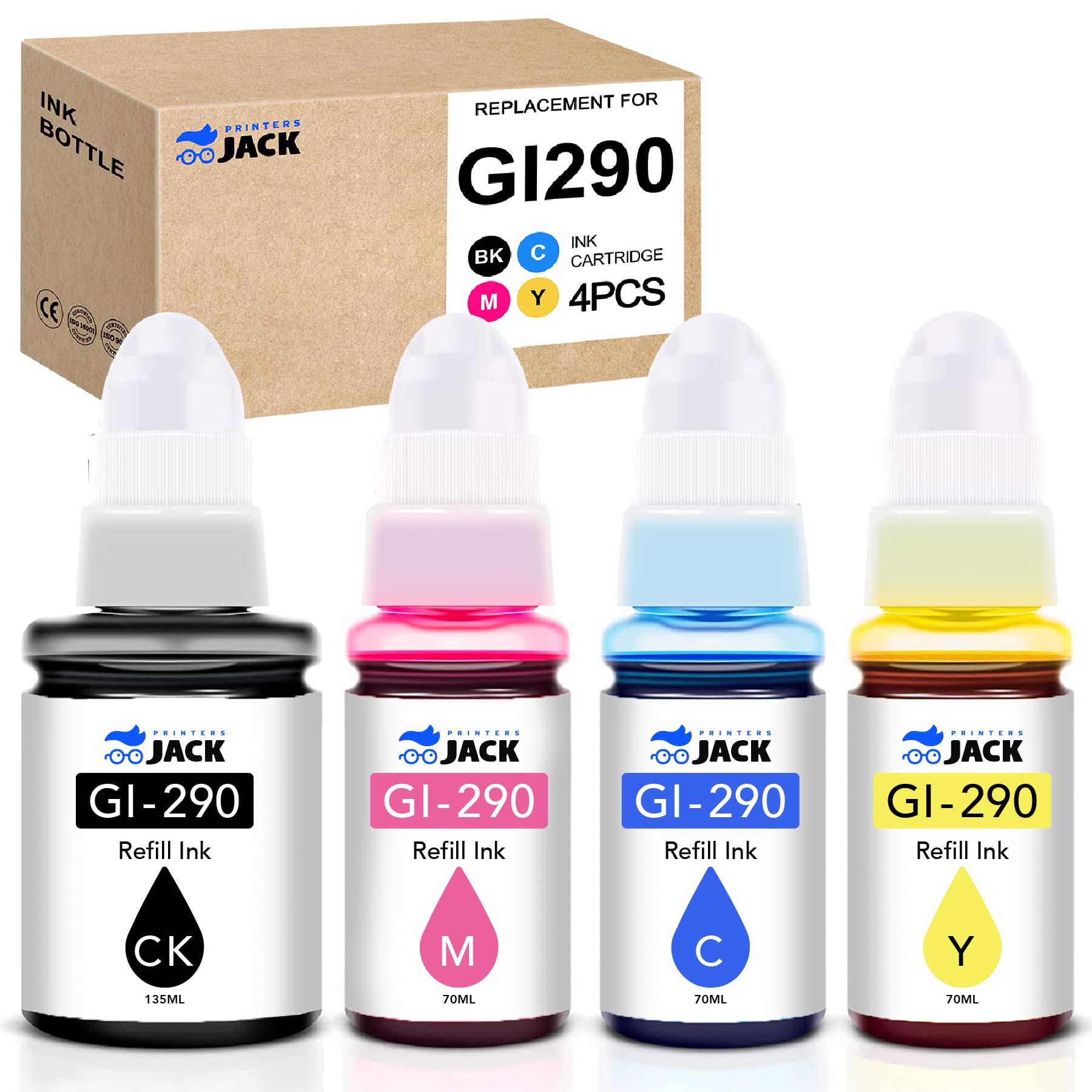 Printers Jack Compatible Canon GI-290 Refill Ink Bottle Kit for Canon PIXMA G4200, PIXMA G3200, PIXMA G4210, PIXMA G2200, PIXMA G1200 Printers