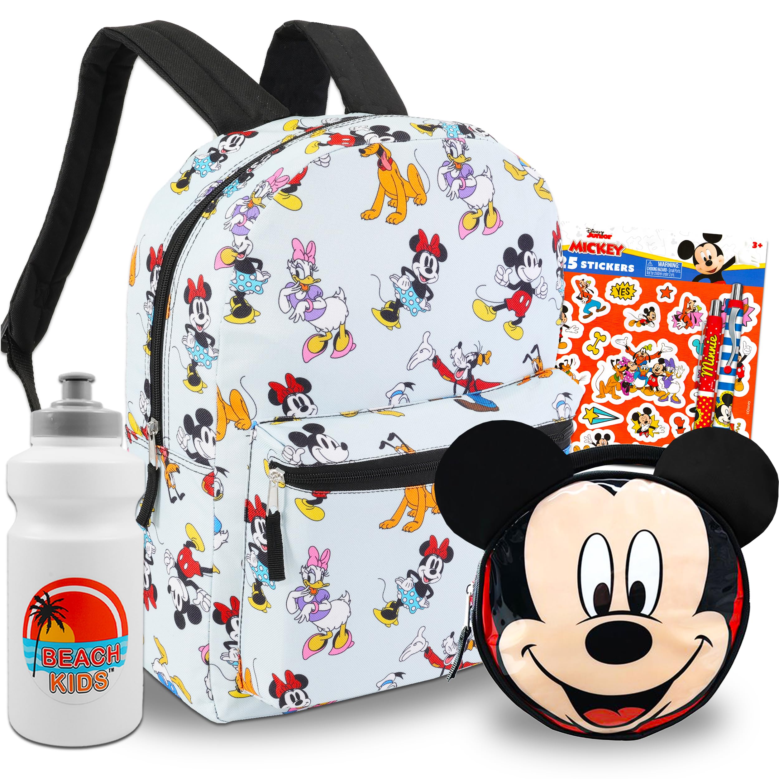 Disney Mickey Mouse Backpack with Lunch Box Bundle ~ Deluxe 16" All-Over Print Mickey School Bag with Insulated Lunch Bag, Pens, and Stickers (Mickey Mouse School Supplies)