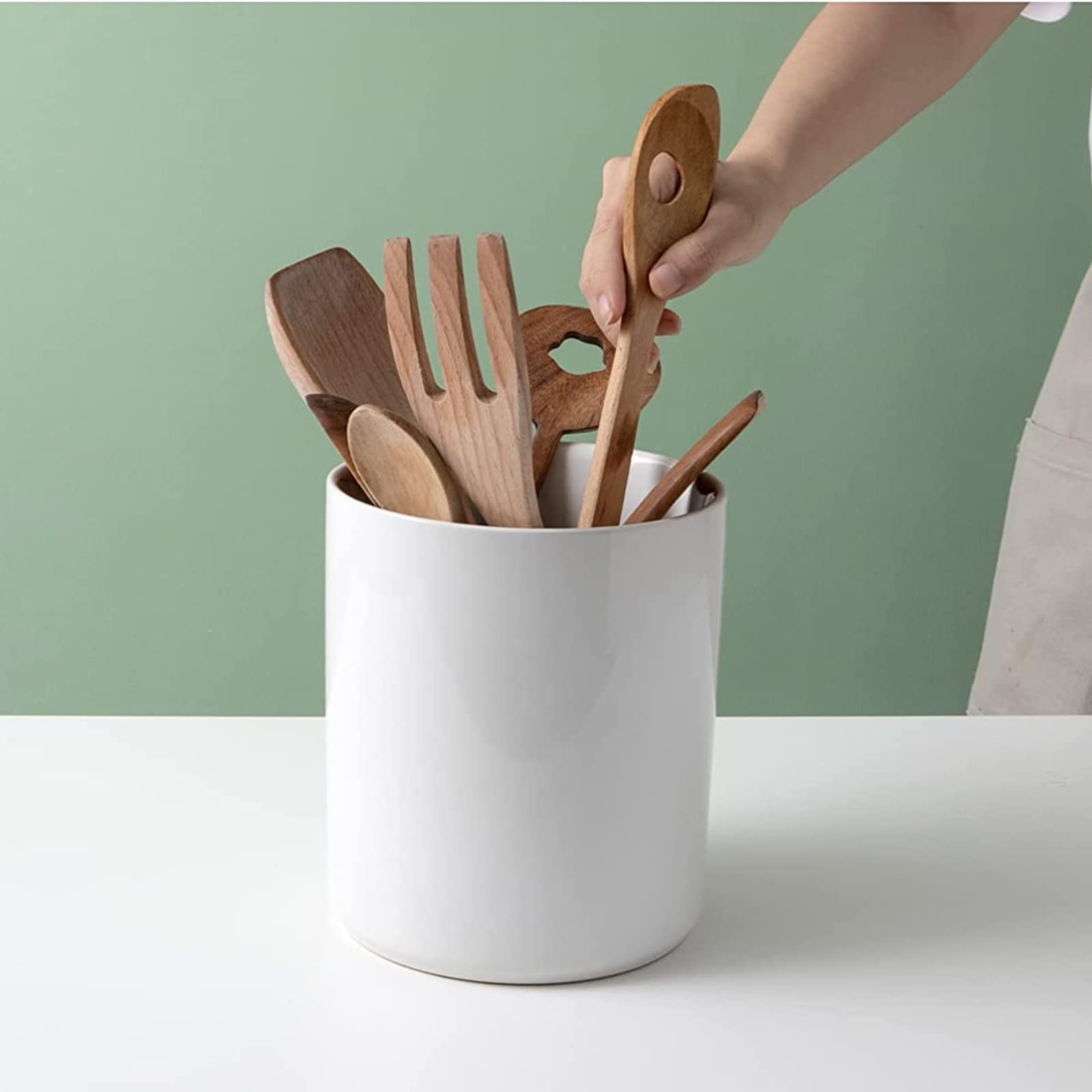 DOWAN Utensil Holder, Large Utensil Holder for Kitchen Counter (H7.2” x W6.2”), Ceramic Cooking Utensil Crock, Anti-Scratches and Stable, Spoon Holder for Kitchen Decor