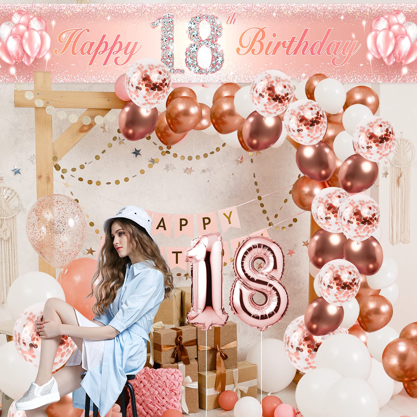 Happy 18th Birthday Banner Large Yard Sign Banner with Birthday Balloons Kit Set Rose Gold Cheer to 18 Years Old Birthday Party Decorations Supplies for Girls Photography Backdrop Decor