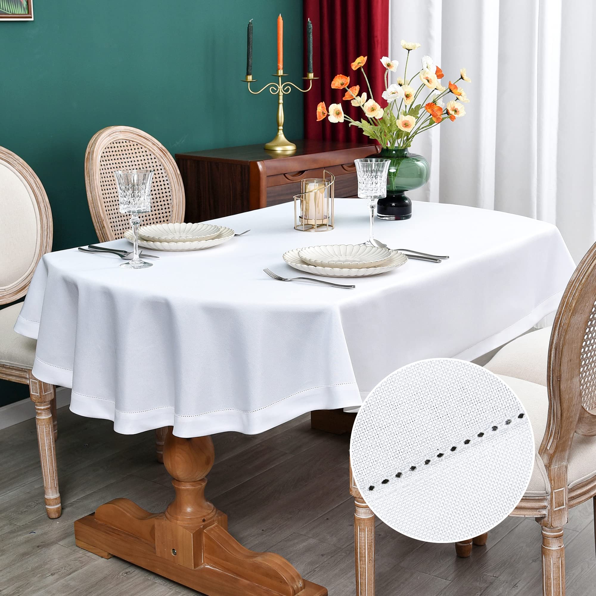 NEWISHER Farmhouse Oval Hemstitch Border Tablecloth Neutral Faux Linen Table Cloth Rustic Solid White Table Cover for Dining Kitchen Party Holiday Home 60x84 Inch