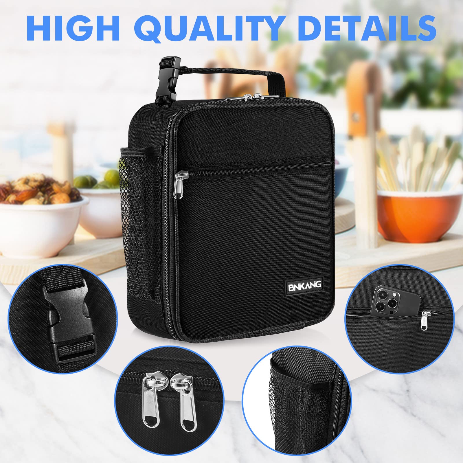 Lunch Box Insulated Lunch Bag - Durable Small Lunch Bag Reusable Adults Tote Bag Lunch Box for Adult Men Women (Black)