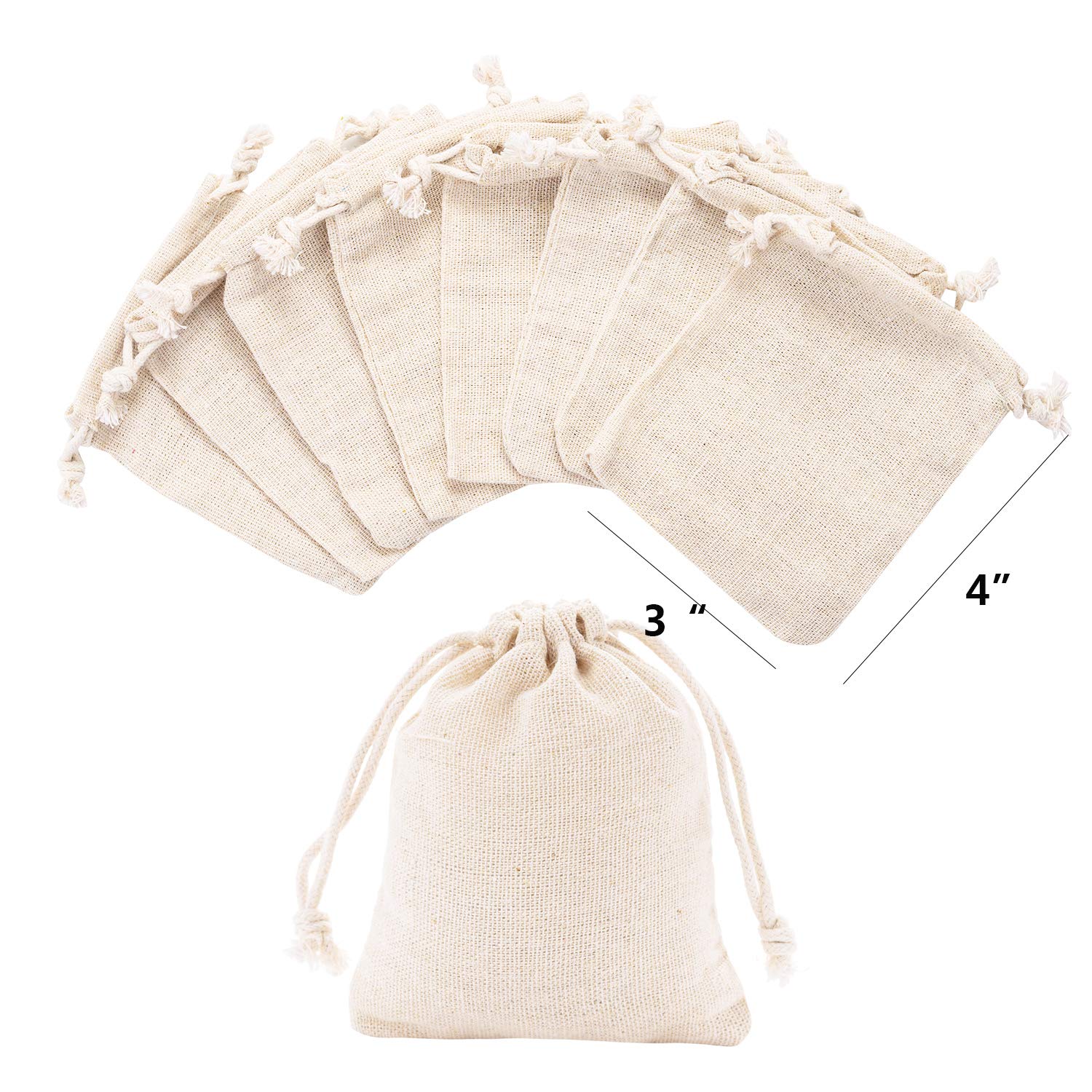 handrong 100pcs Small Cotton Double Drawstring Bags Reusable Muslin Cloth Gift Candy Favor Bag Jewelry Pouches for Wedding DIY Craft Soaps Herbs Tea Spice Bean Sachets Christmas, 3x4 inch