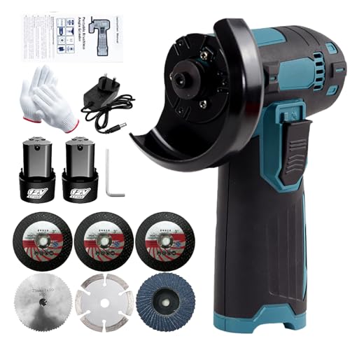 DALYNN 12V dless Brush Angle Grinder Kit, Ginding disc 3 Inch/76mm, Lightweight Angle Grinder Tool w/ 2PCS 1300mAh Lithium-Ion Battery & Charger, Ergonomic Button Position for Reducing Hand Pressure