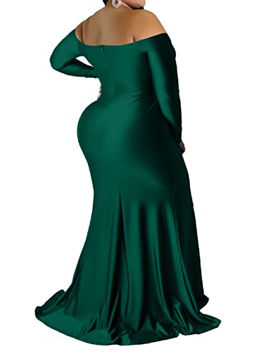 Uni Clau Women Elegant Plus Size Off Shoulder V Neck Long Sleeve Ruched Dress High Split Formal Party Night Maxi Dresses Green XL