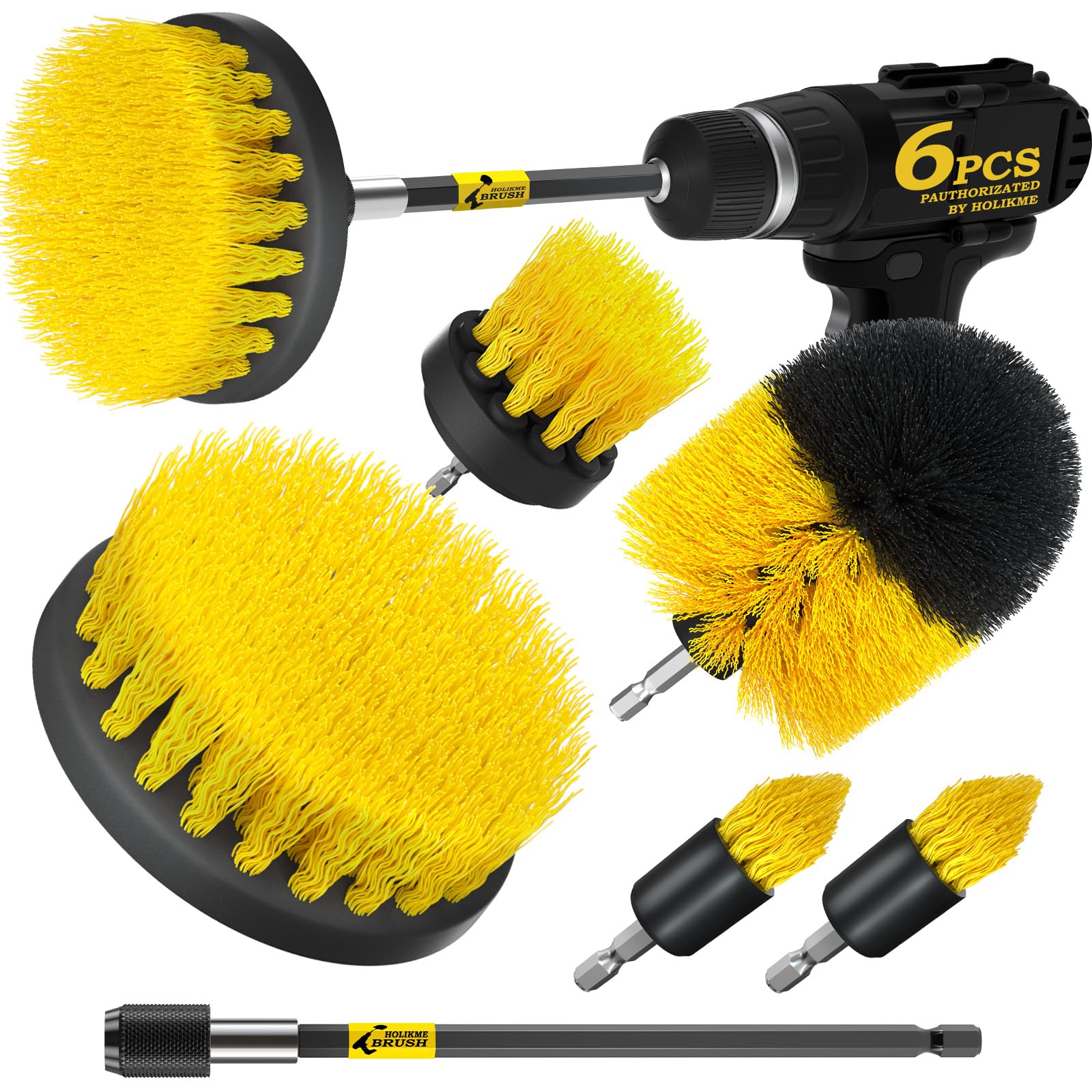 Holikme 4Pack Drill Brush Power Scrubber Cleaning Brush Extended Long Attachment Set All Purpose Drill Scrub Brushes Kit for Grout, Floor, Tub, Shower, Tile, Bathroom and Kitchen Surface,Yellow