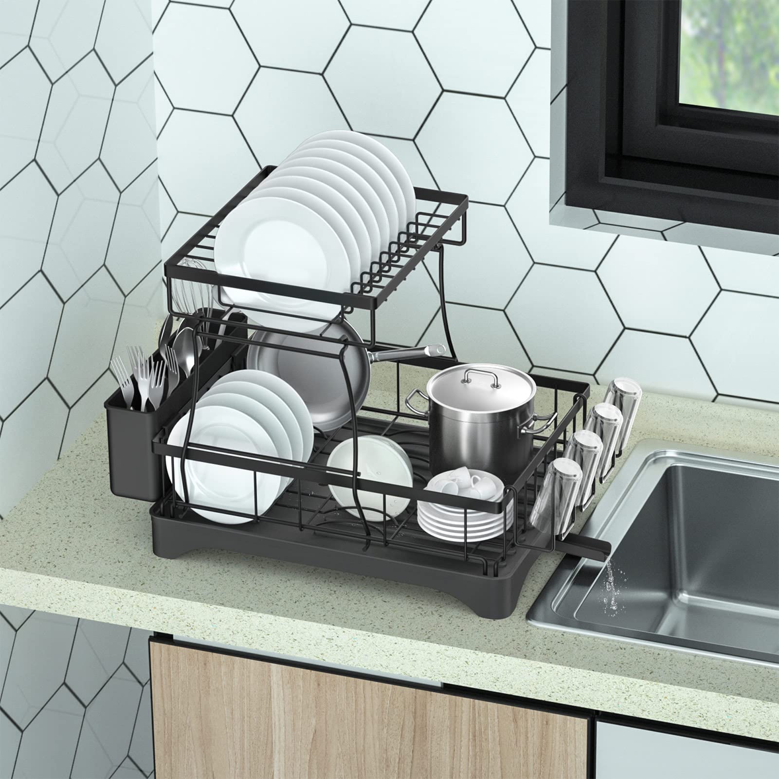 Aredy 2 Tier Dish Drying Rack for Kitchen Counter, Black Metal Dish Drainers Rack with Drainboard, Large Dish Dryer with Detachable Cup Rack and Utensil Holder