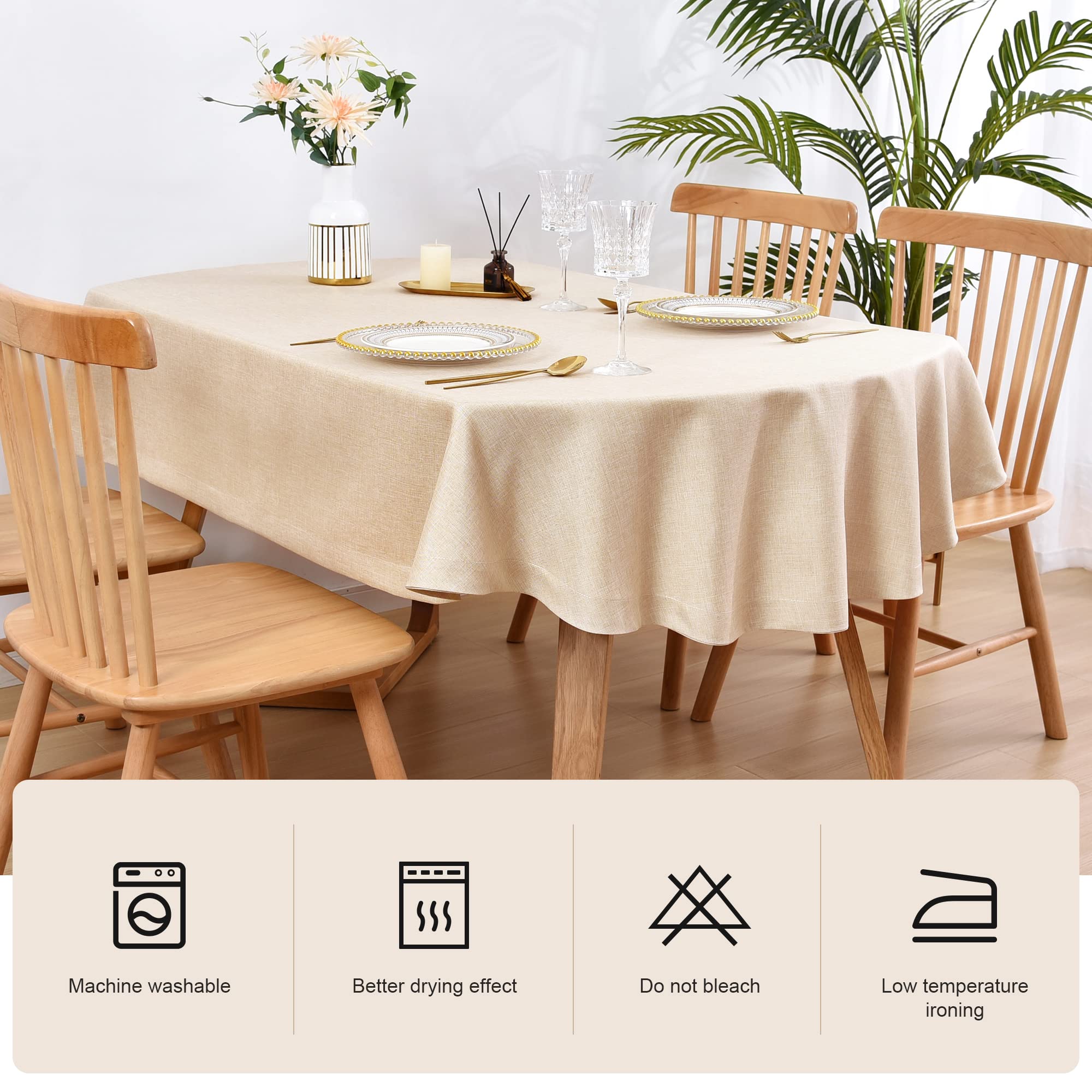 Wolkemer Faux Linen Oval Tablecloth Heavy Duty Wrinkle Resistant Fabric Table Cloths 60 x 84 Inch Beige Farmhouse Rustic Table Cover for Kitchen Dining Indoor Outdoor Tabletop Decoration
