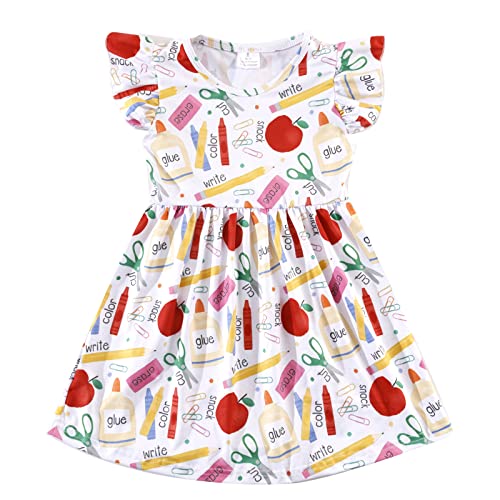 VUMUZU Toddler Girls Back to School Apple Pencil Dress Causal Flutter Sleeve Ruffle Bottom Dress 7-8Y