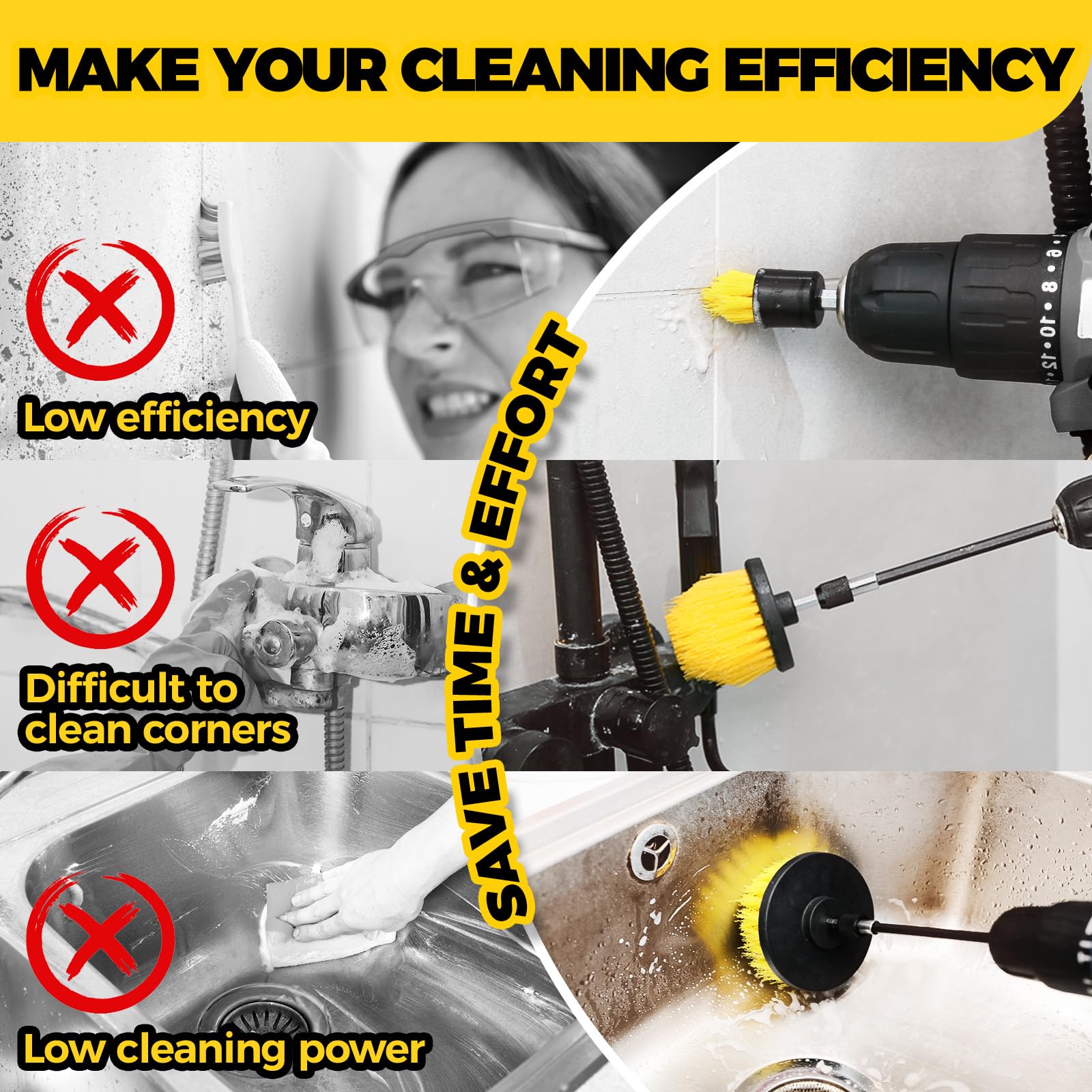 Holikme 4Pack Drill Brush Power Scrubber Cleaning Brush Extended Long Attachment Set All Purpose Drill Scrub Brushes Kit for Grout, Floor, Tub, Shower, Tile, Bathroom and Kitchen Surface,Yellow