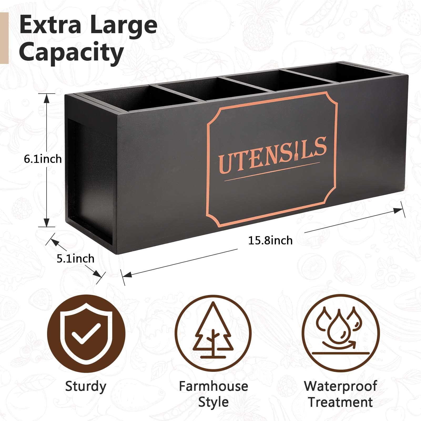 Yumkfoi Extra Large Utensil Holder with 4 Compartments, Wooden Farmhouse Utensil Organizer for Kitchen Counter, Rustic Cooking Utensil Crock Countertop Utensil Caddy Spatula Holder (Classic Black)