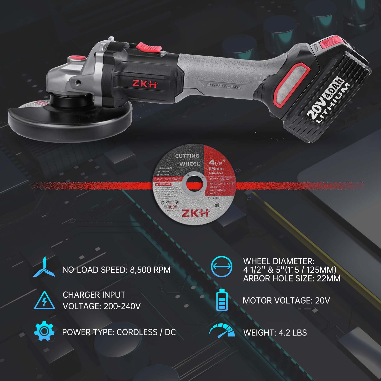 ZKH Cordless Angle Grinder Kit - 8500RPM Brushless Motor, 20V Power Angle Grinder Tool w/2 x 4.0Ah Batteries & Fast Charger, 4-1/2" Cutting Off Wheels, Auxiliary Handle, Heavy Duty Tool Case