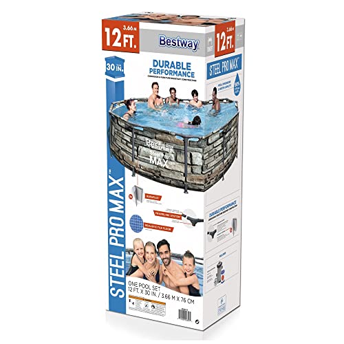 Bestway 56817E 12' x 30" Steel Pro Max Round Steel Frame 5-Person 1,710 Gallon Above Ground Swimming Pool Kit with Filter Pump and Filter, Stone Print