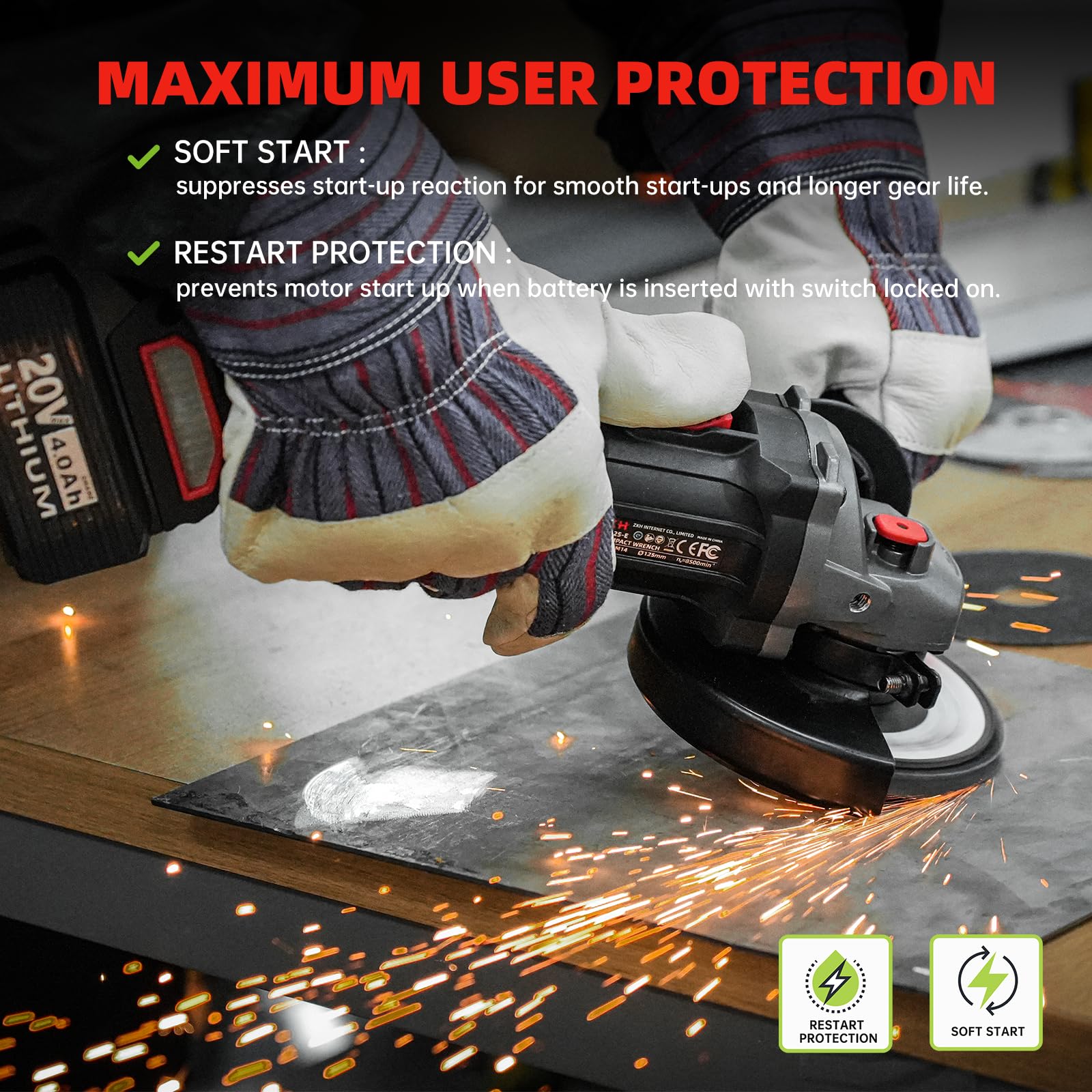 ZKH Cordless Angle Grinder Kit - 8500RPM Brushless Motor, 20V Power Angle Grinder Tool w/2 x 4.0Ah Batteries & Fast Charger, 4-1/2" Cutting Off Wheels, Auxiliary Handle, Heavy Duty Tool Case
