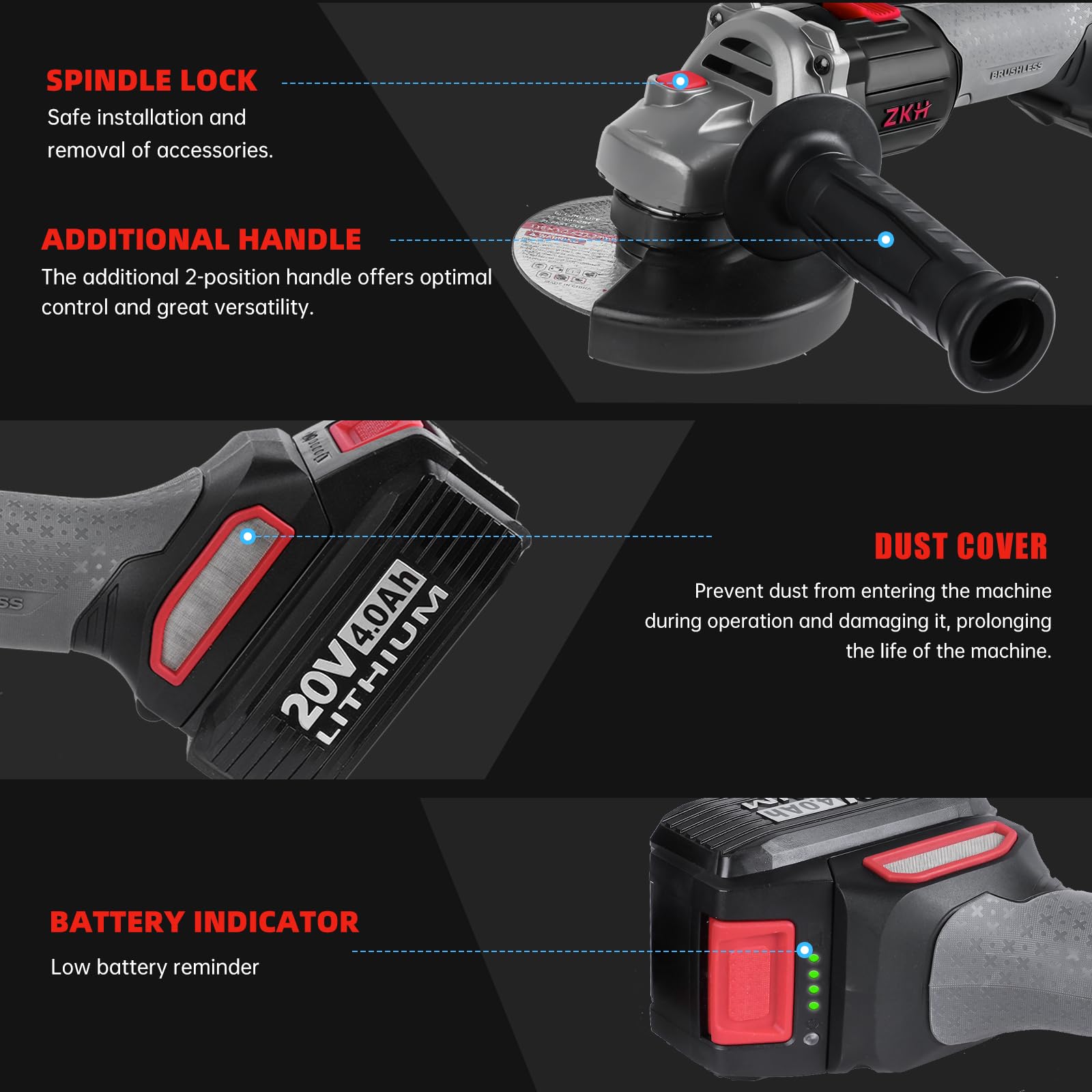 ZKH Cordless Angle Grinder Kit - 8500RPM Brushless Motor, 20V Power Angle Grinder Tool w/2 x 4.0Ah Batteries & Fast Charger, 4-1/2" Cutting Off Wheels, Auxiliary Handle, Heavy Duty Tool Case