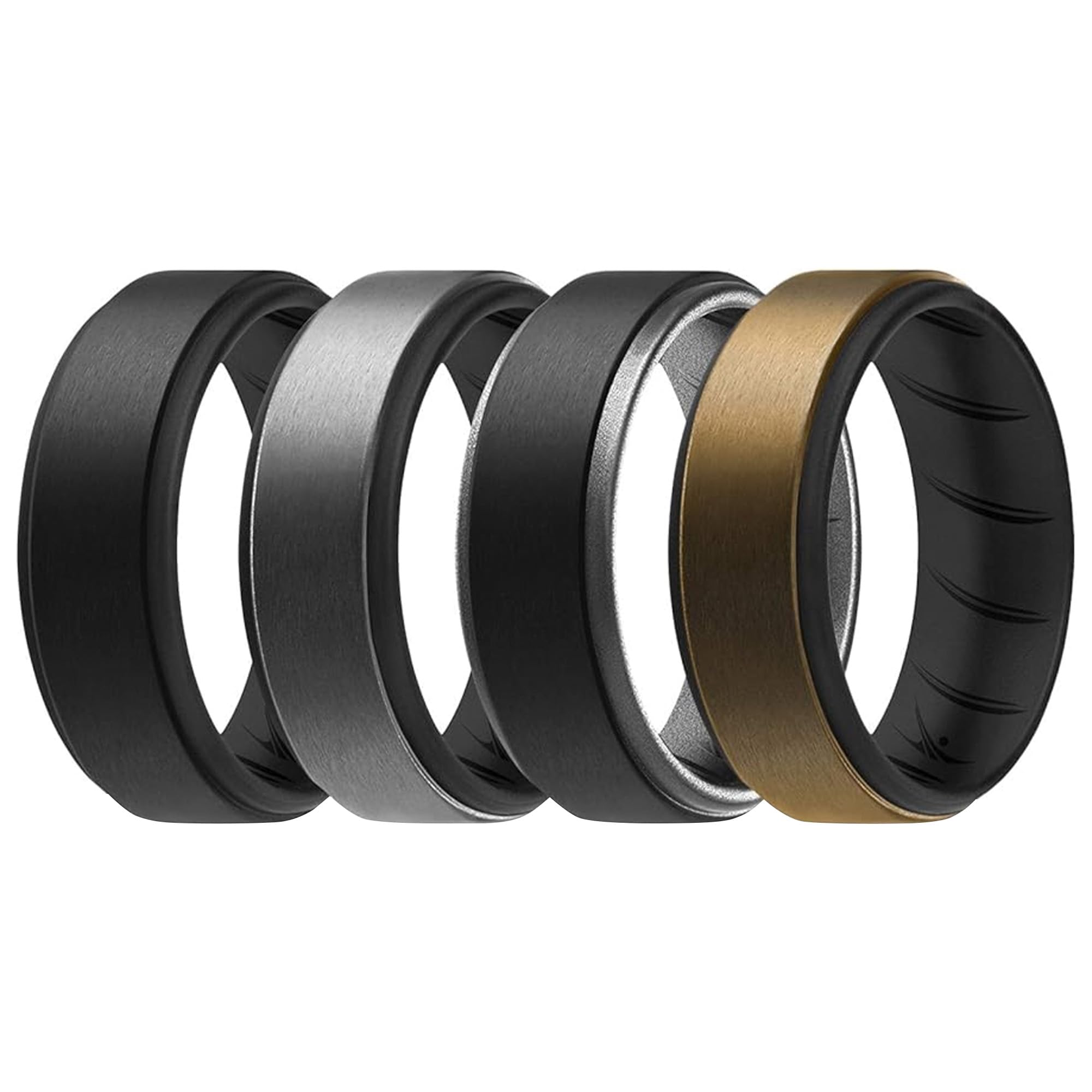 ROQ Silicone Rubber Wedding Ring for Men, Comfort Fit, Men's Wedding Band, Breathable Rubber Engagement Ring/Band, Step Edge, 8mm Wide 2mm Thick, 4 Pack, Black, Silver, Bronze, Size 11