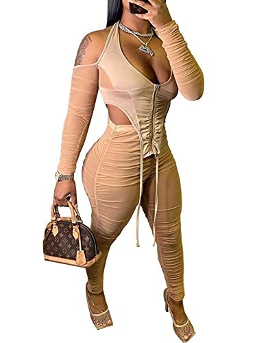 Uni Clau Women Sexy Sheer Mesh Deep V Neck Two Piece Outfits Long Sleeve See Through Skinny Long Pants Club Long Romper Jumpsuit Beige M