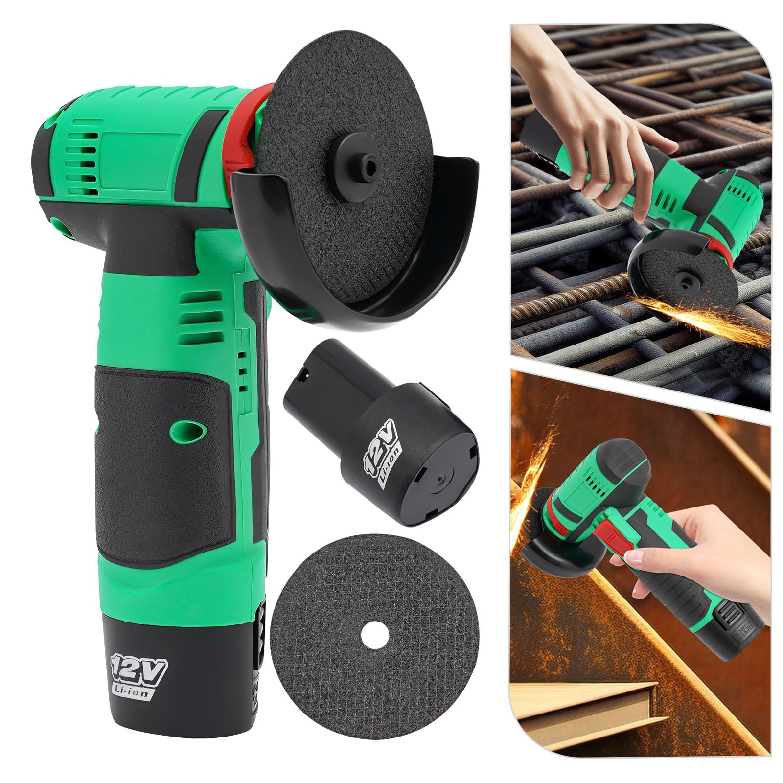 HuaShuani Cordless Angle Grinder, Rechargeable Electric Cutting Machine Angle Grinder, 12V Mini Portable Brushless 19500RMP, 2 Batteries, for Plastic/Pipe/Drywall Cutting and Grinding, Green