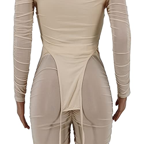 Uni Clau Women Sexy Sheer Mesh Deep V Neck Two Piece Outfits Long Sleeve See Through Skinny Long Pants Club Long Romper Jumpsuit Beige M
