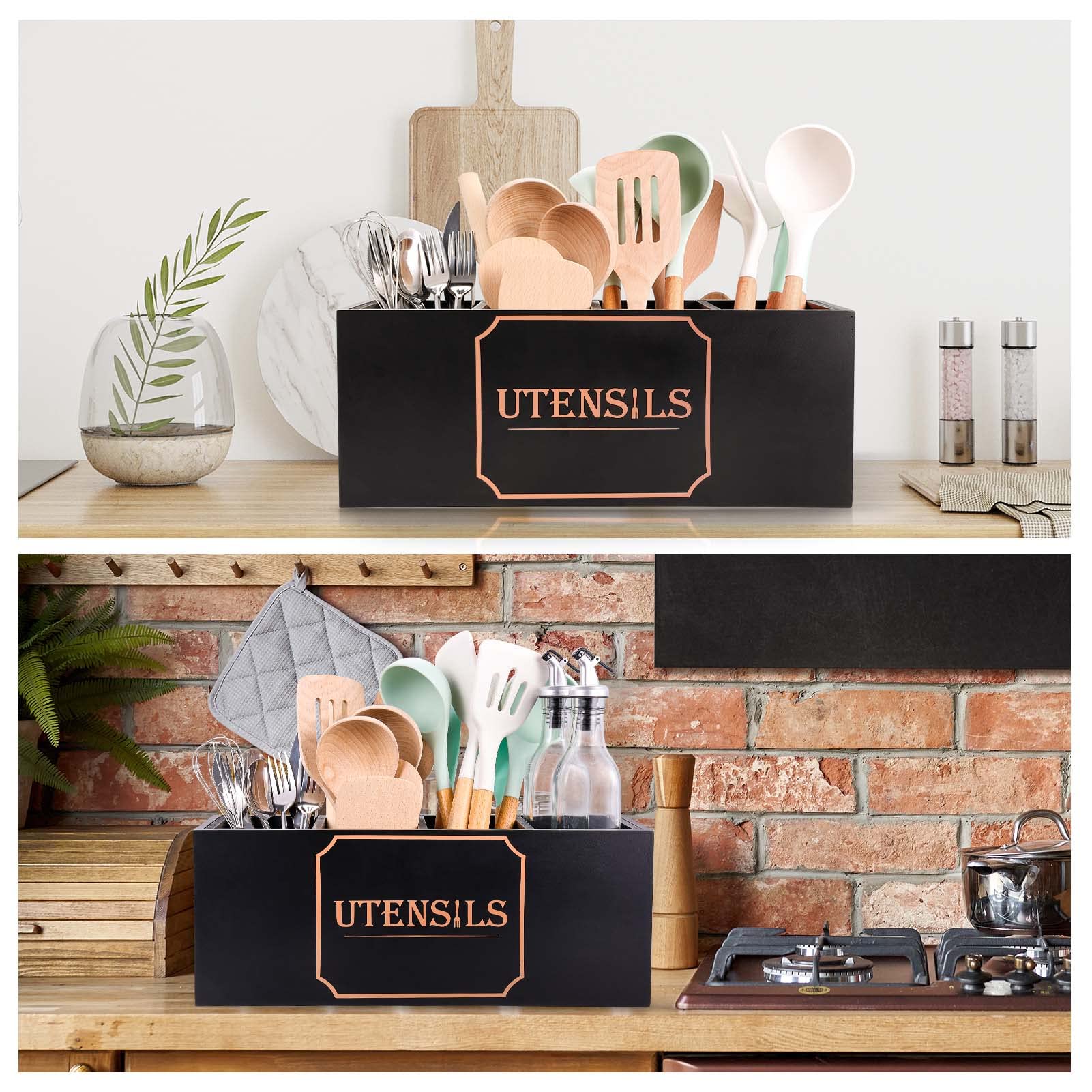 Yumkfoi Extra Large Utensil Holder with 4 Compartments, Wooden Farmhouse Utensil Organizer for Kitchen Counter, Rustic Cooking Utensil Crock Countertop Utensil Caddy Spatula Holder (Classic Black)