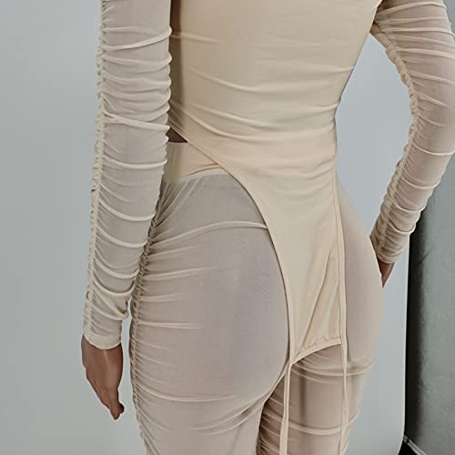 Uni Clau Women Sexy Sheer Mesh Deep V Neck Two Piece Outfits Long Sleeve See Through Skinny Long Pants Club Long Romper Jumpsuit Beige M