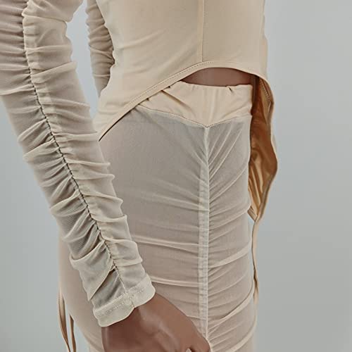 Uni Clau Women Sexy Sheer Mesh Deep V Neck Two Piece Outfits Long Sleeve See Through Skinny Long Pants Club Long Romper Jumpsuit Beige M