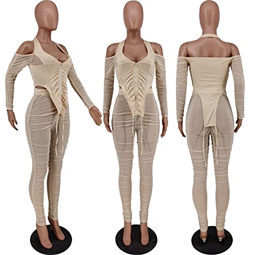 Uni Clau Women Sexy Sheer Mesh Deep V Neck Two Piece Outfits Long Sleeve See Through Skinny Long Pants Club Long Romper Jumpsuit Beige M