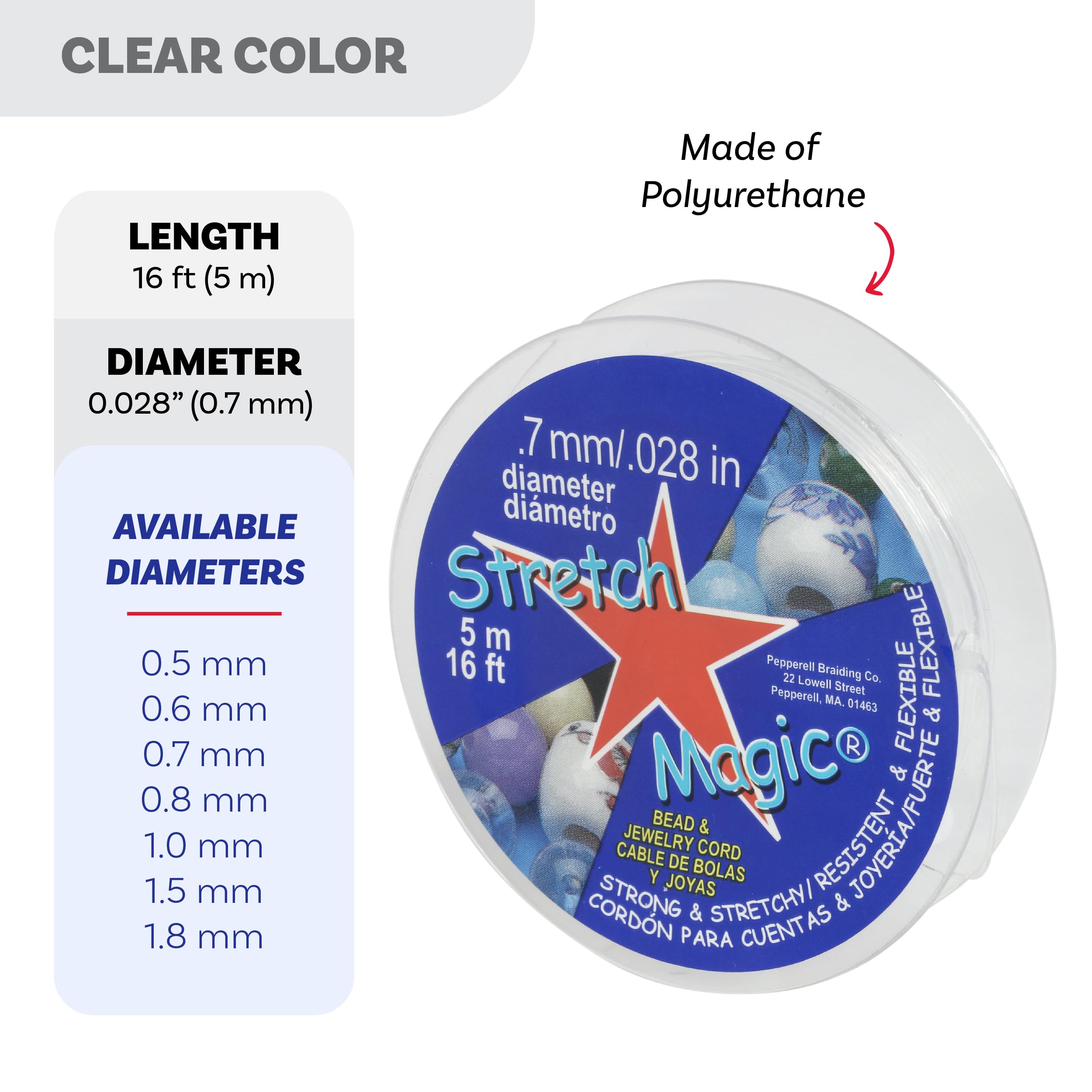 Pepperell SMF-1-5 0.7mm Stretch Magic Bead and Jewelry Cord, 5m, Clear