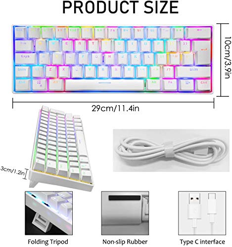 ZIYOU LANG MK21 Portable 60% Mechanical Gaming Keyboard Untra-Compact Type-c Wired with Light Up Chroma LED Backlit Non-Conflict 61 Key TKL Ergonomic for PS4 PS5 PC Mac Windows(White/Red Switch)