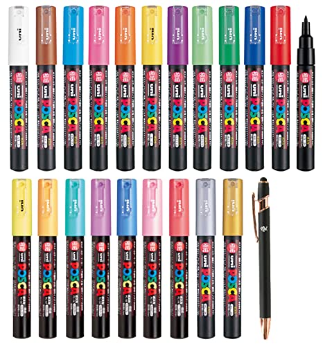 Uni Posca Japan Paint Marker FULL RANGE Bundle Set Poster Colour Marking Pen Extra Fine Point PC-1M 21 Colors Japan Domestic Market Import With Original Stylus Ballpoint Touch Pen