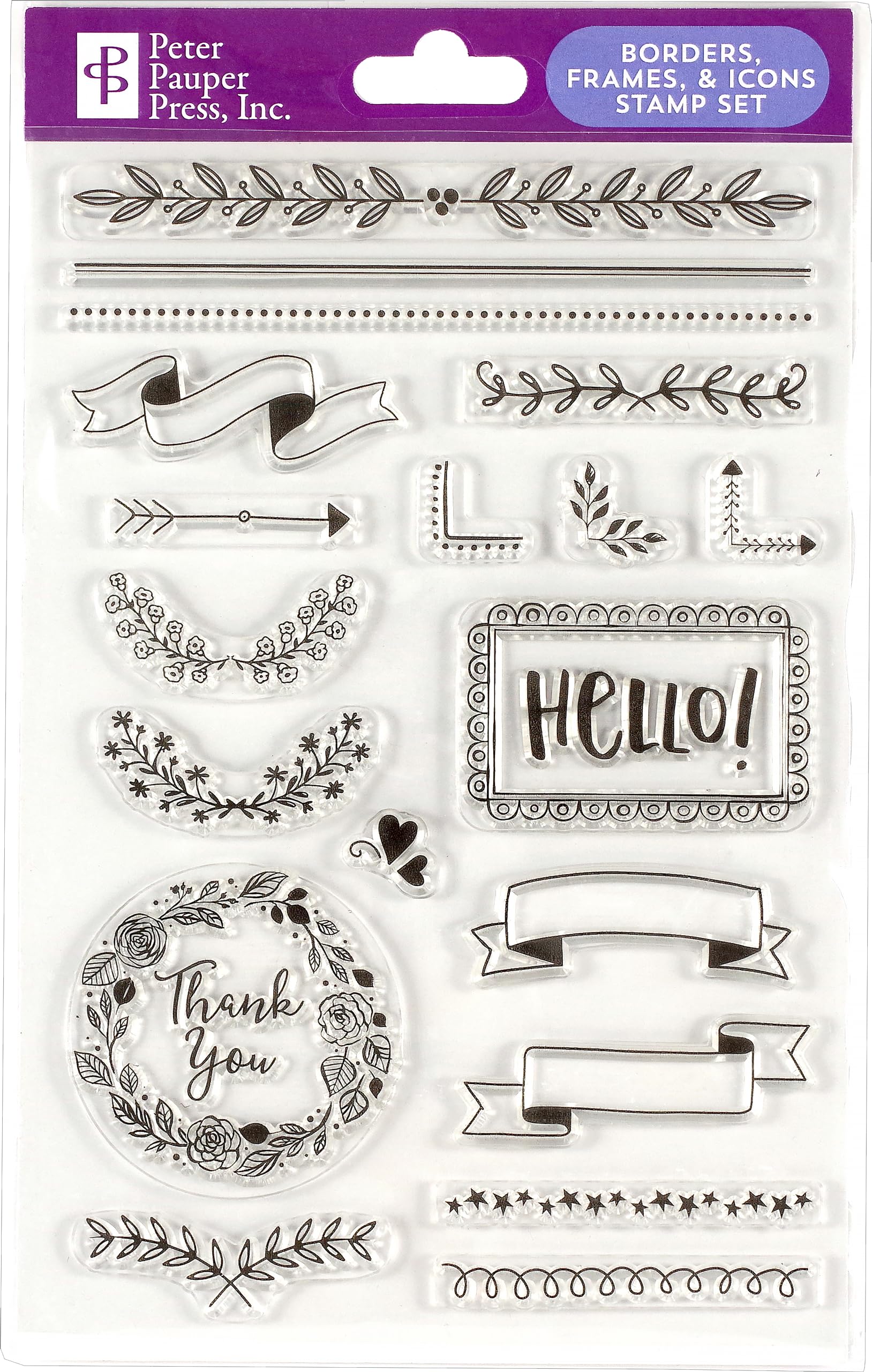 Borders, Frames, & Icons Clear Stamp Set (19 individual stamps)