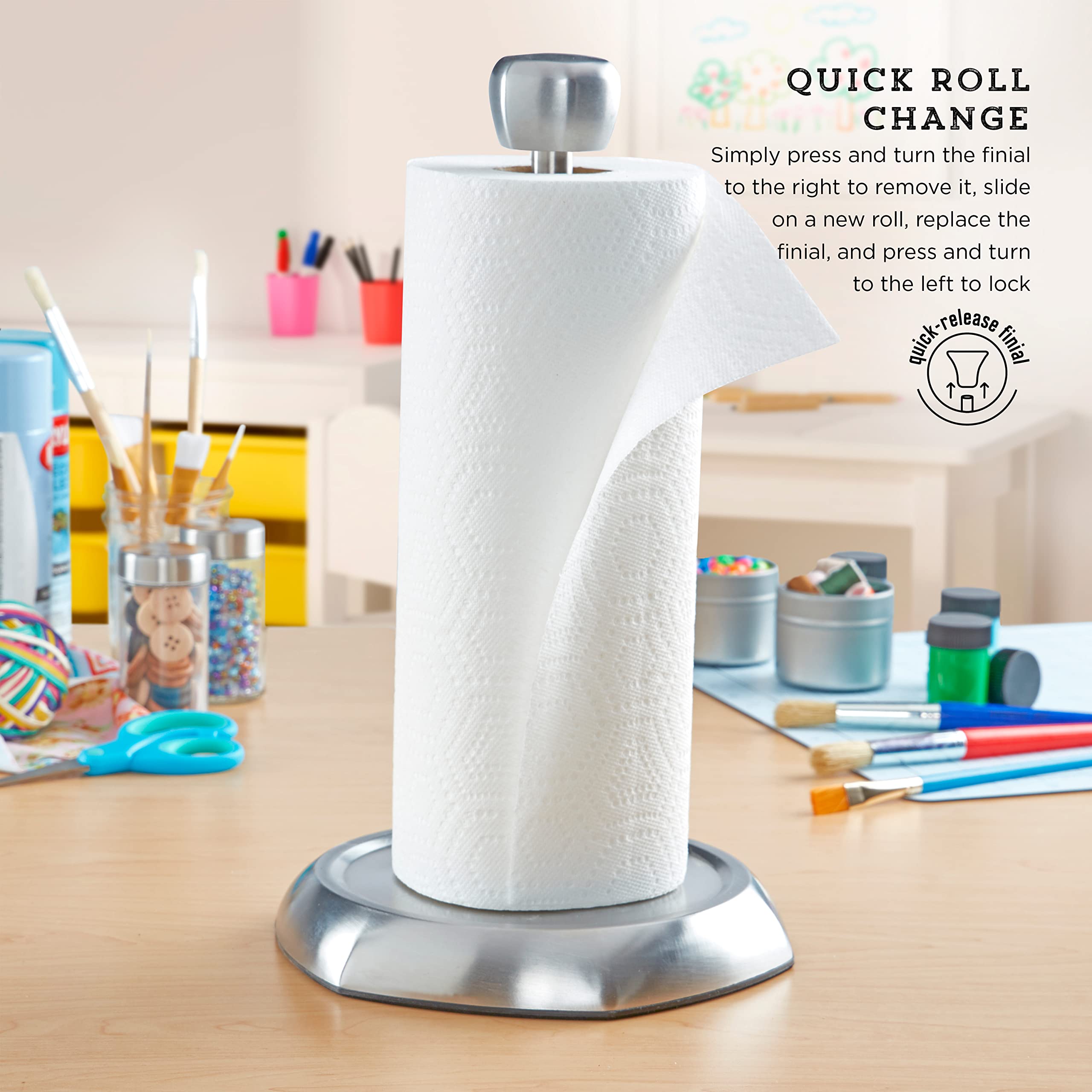 Kamenstein Hexagon Base Perfect Tear, Stainless Steel Countertop Paper Towel Holder, One Handed Pull, No Unraveling, Weighted Base Prevents Tipping, 14 Inch