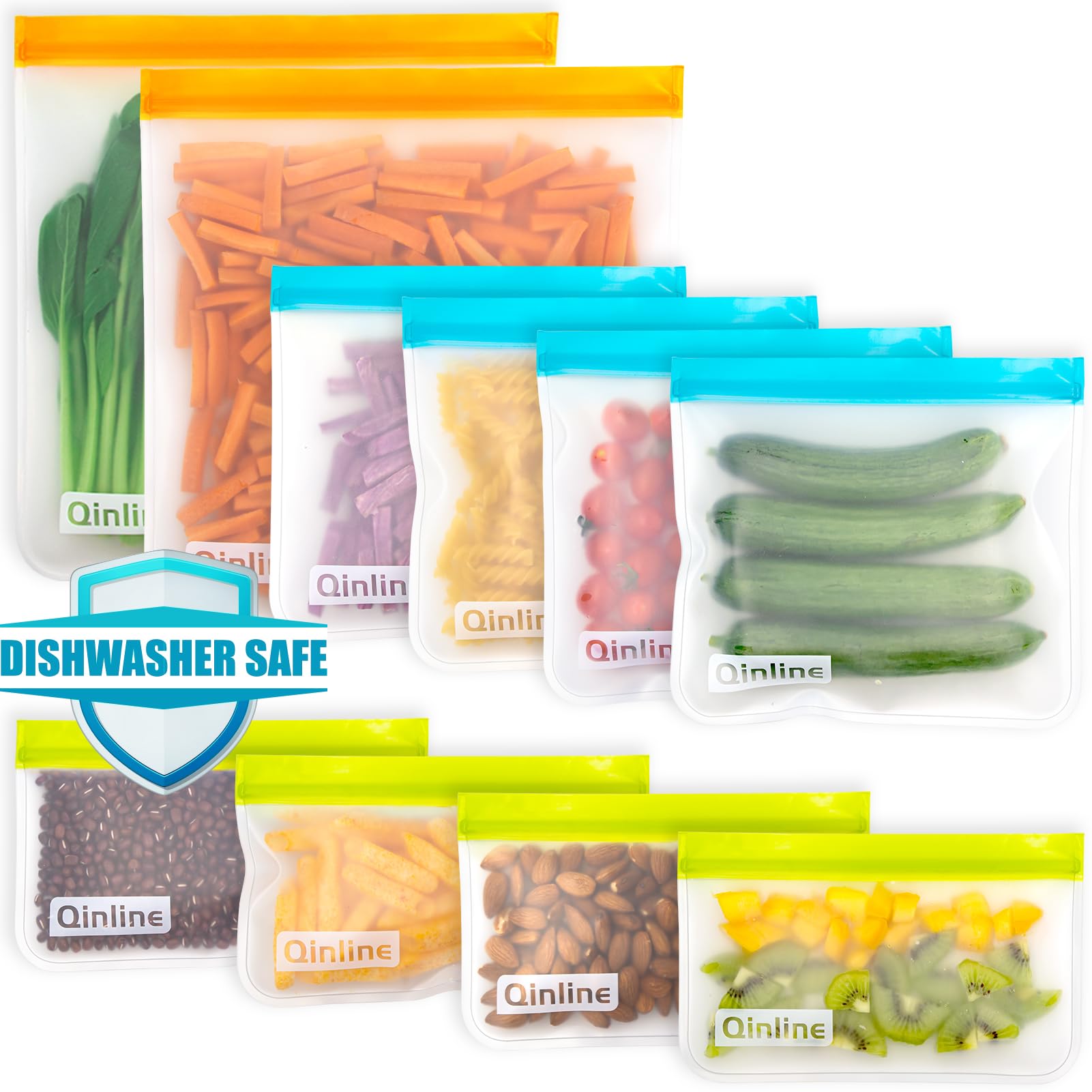 Reusable Food Storage Bags - 10 Pack BPA FREE Flat Freezer Bags(2 Reusable Gallon Bags + 4 Leakproof Reusable Sandwich Bags + 4 Food Grade Kids Snack Bags)