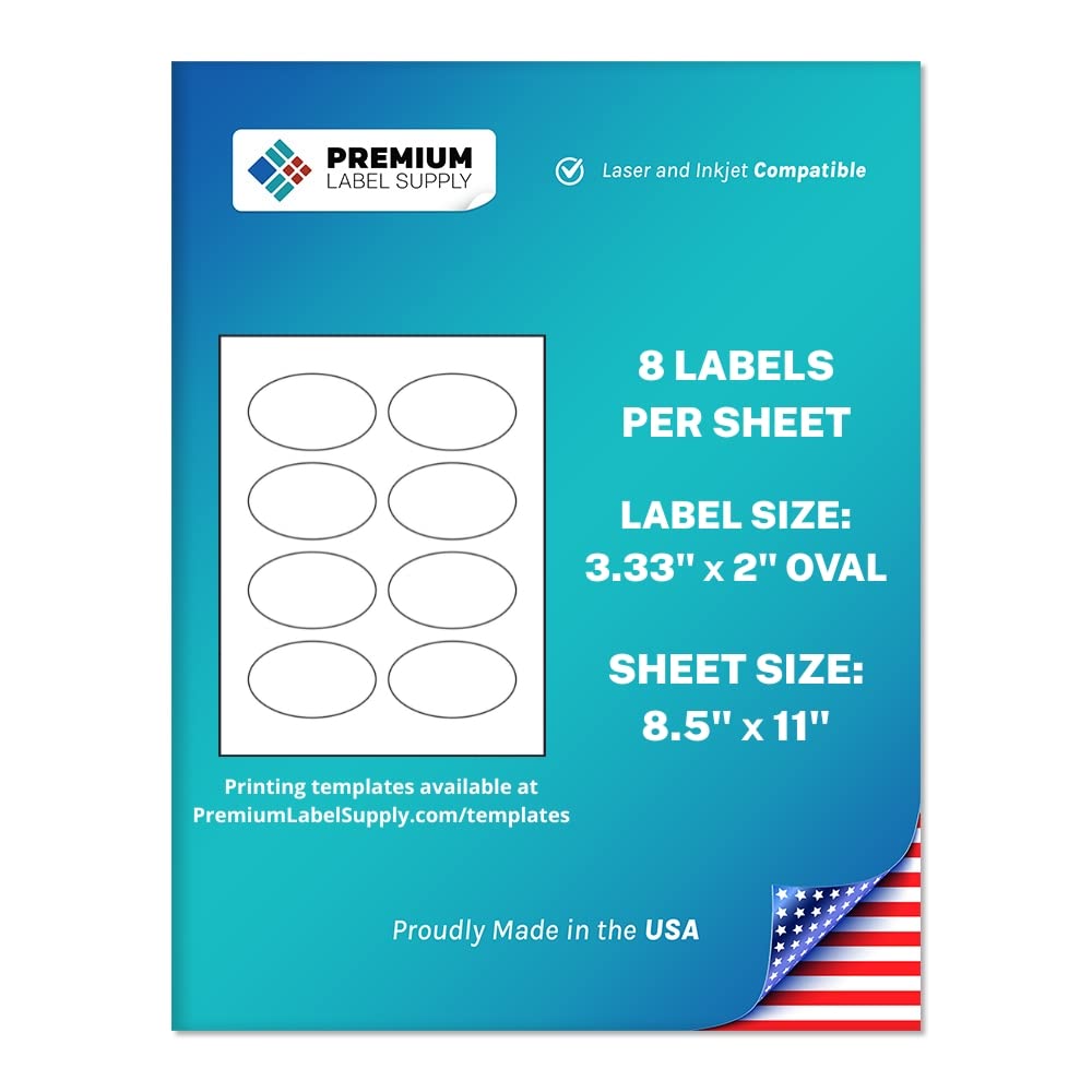 Premium Label Supply White Sticker Oval Labels – 3.33" x 2" Oval – Laser/Inkjet Compatible – (8 per Sheet), 25 Sheets – 200 Total Adhesive Labels