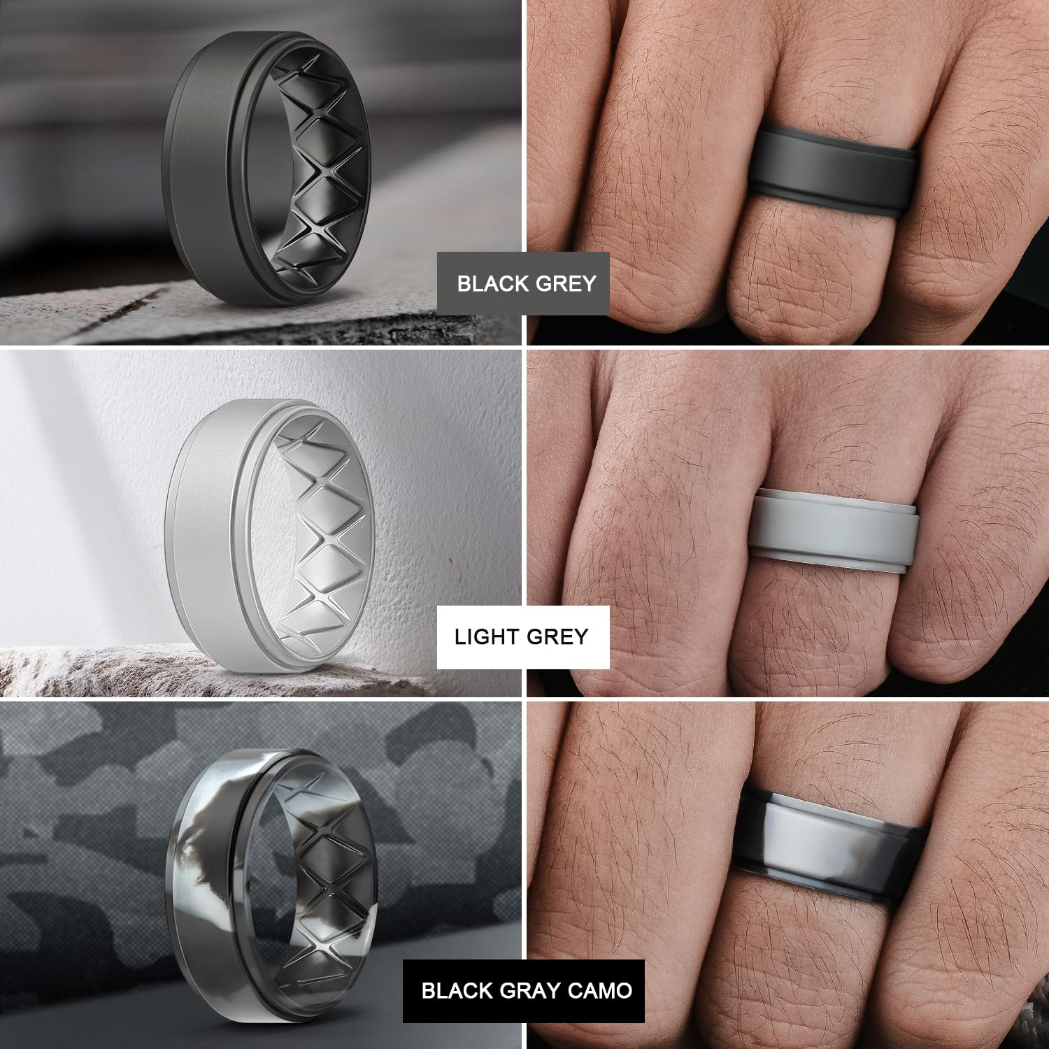 Egnaro Silicone Wedding Wedding Band Men, Silicone Rings for Men, 7 Rings Step Edge Rubber Wedding Bands Comfort for Workout, 8mm Wide-2mm Thick,Black、white,Green,Gray Size 10