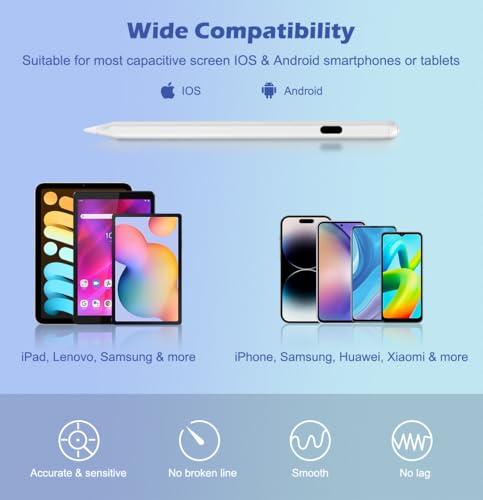 MoKo Stylus Pens for Touch Screens, Fast Charge Stylus Pen for Apple iPad/iPhone/Samsung/Lenovo/iOS/Android Tablets&Smart Phone Universal Stylus Capacitive Screen Pencil with Power Display, White