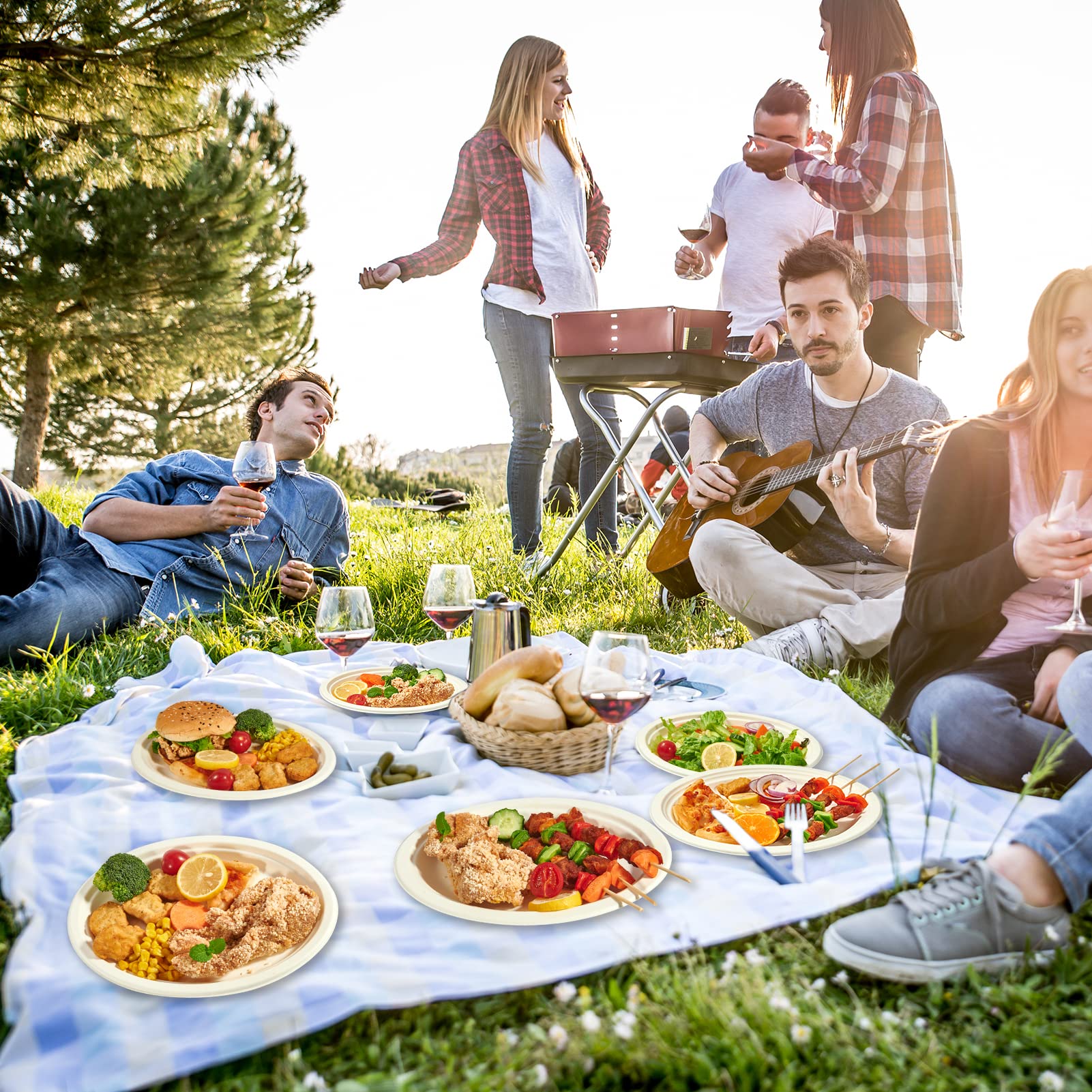 Vplus 100% Compostable Oval Paper Plates 12 inch 125 Pack Super Strong Disposable Paper Plates Bagasse Natural Biodegradable Eco-Friendly Sugarcane Plates for BBQ, Party, Dinner, and Picnic