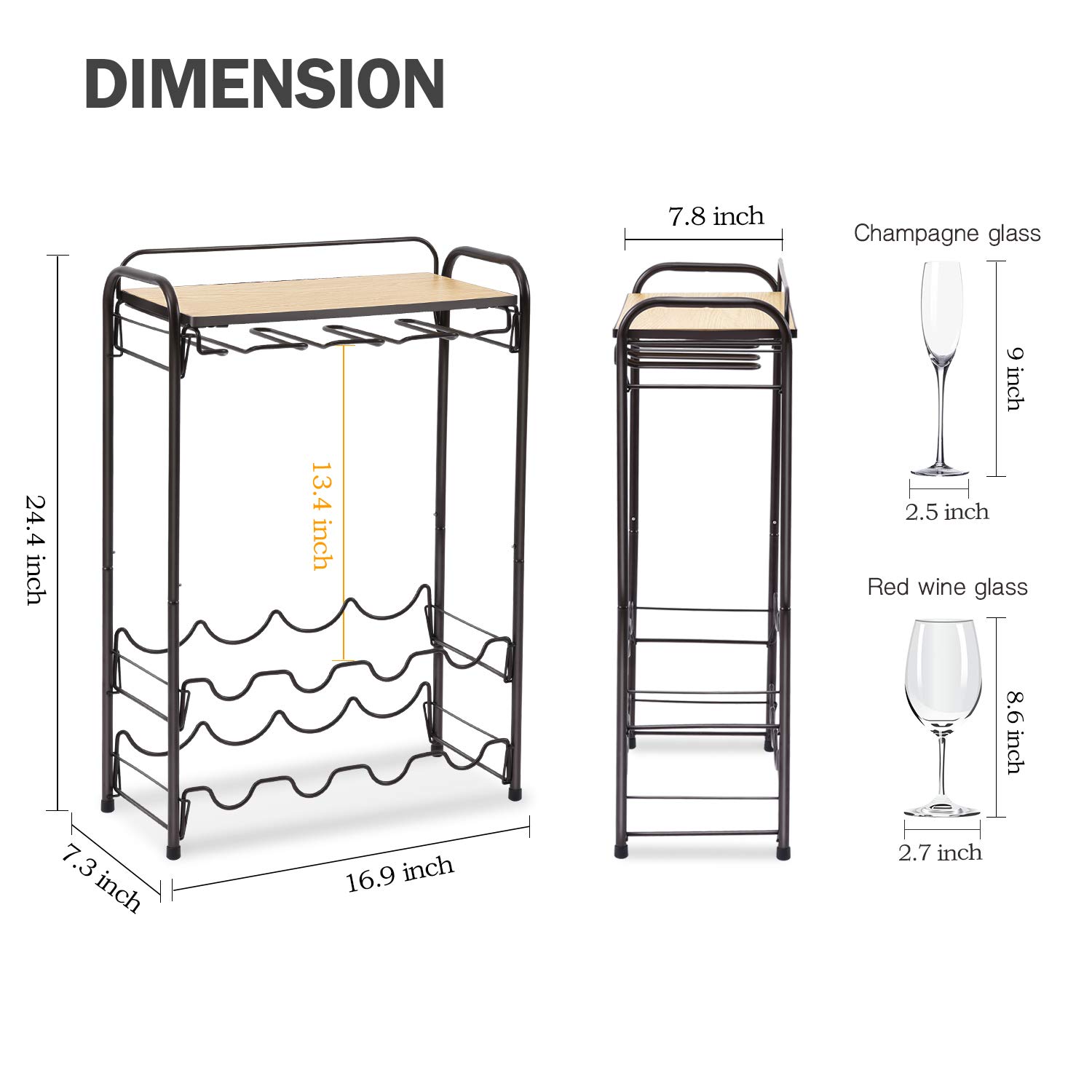 TOOLF 8 Bottle Wine Rack Freestanding Floor, Metal Wine Storage Shelf with Glasses Holder & Table Top, 4 Tier Wine Display Organiser, for Home Decor, Cellar, Bar, Countertop, Cabinet