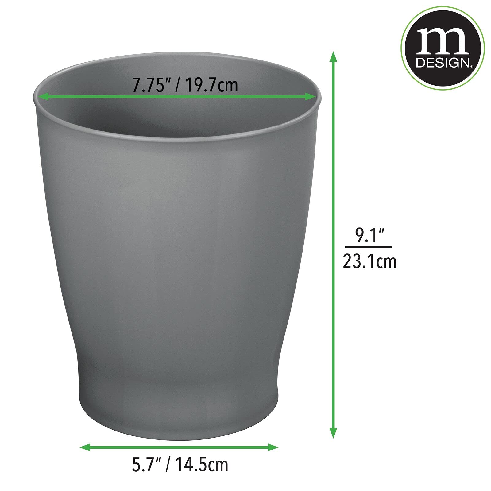 mDesign Round Plastic Bathroom Garbage Can, 1.25 Gallon Wastebasket, Garbage Bin, Trash Can for Bathroom, Bedroom, and Kids Room - Small Bathroom Trash Can - Fyfe Collection - Charcoal Gray