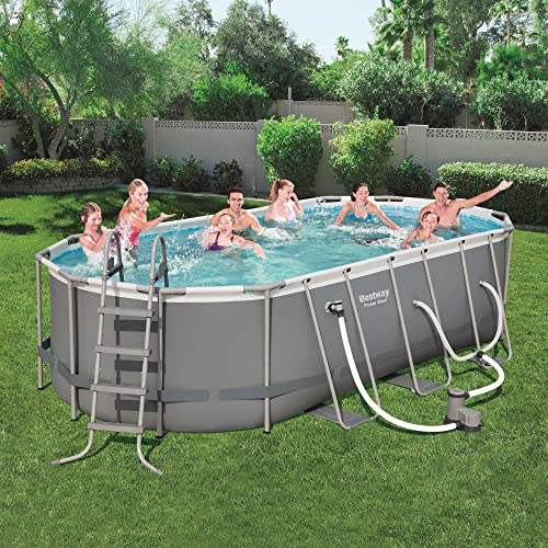 Bestway Power Steel 18' x 9' x 48" Oval Metal Frame Above Ground Outdoor Swimming Pool Set with 1500 GPH Filter Pump, Ladder, and Pool Cover