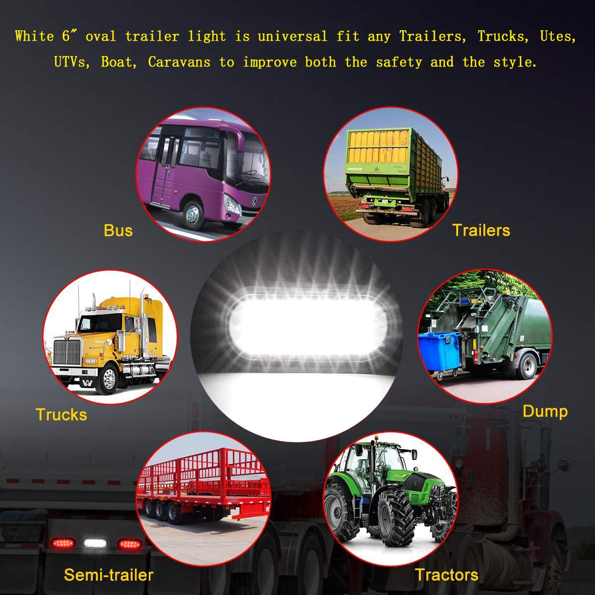 NPAUTO 6" Oval LED Trailer Lights 24 White LED Reverse Backup Lights Waterproof Trailer Stop Turn Tail Light for RV Trucks (4)