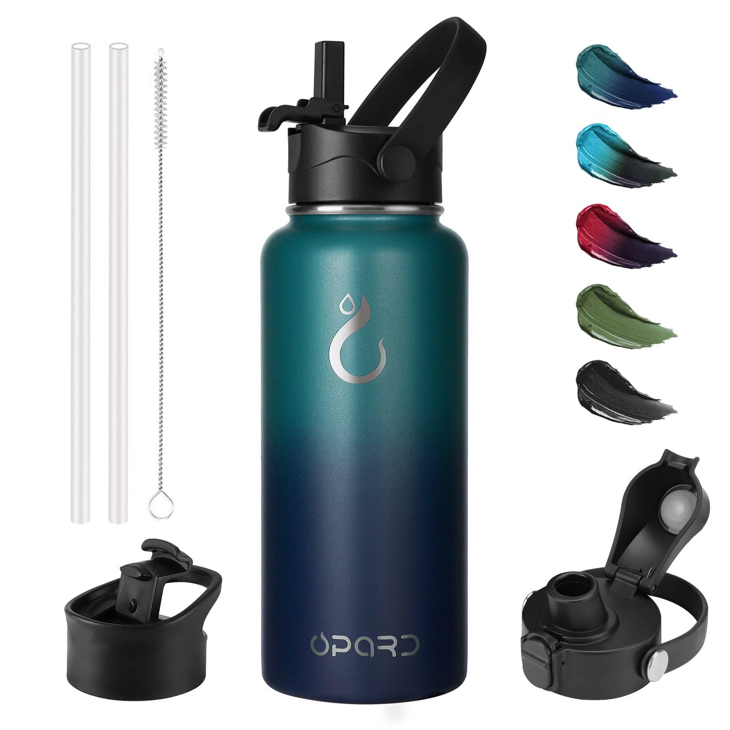 Opard Sports Water Bottle - 32 Oz, 3 Lids (Straw Lid, Flip Lid, Spout Lid), Leak Proof, Vacuum Insulated Stainless Steel, Double Walled, Reusable Metal Canteen