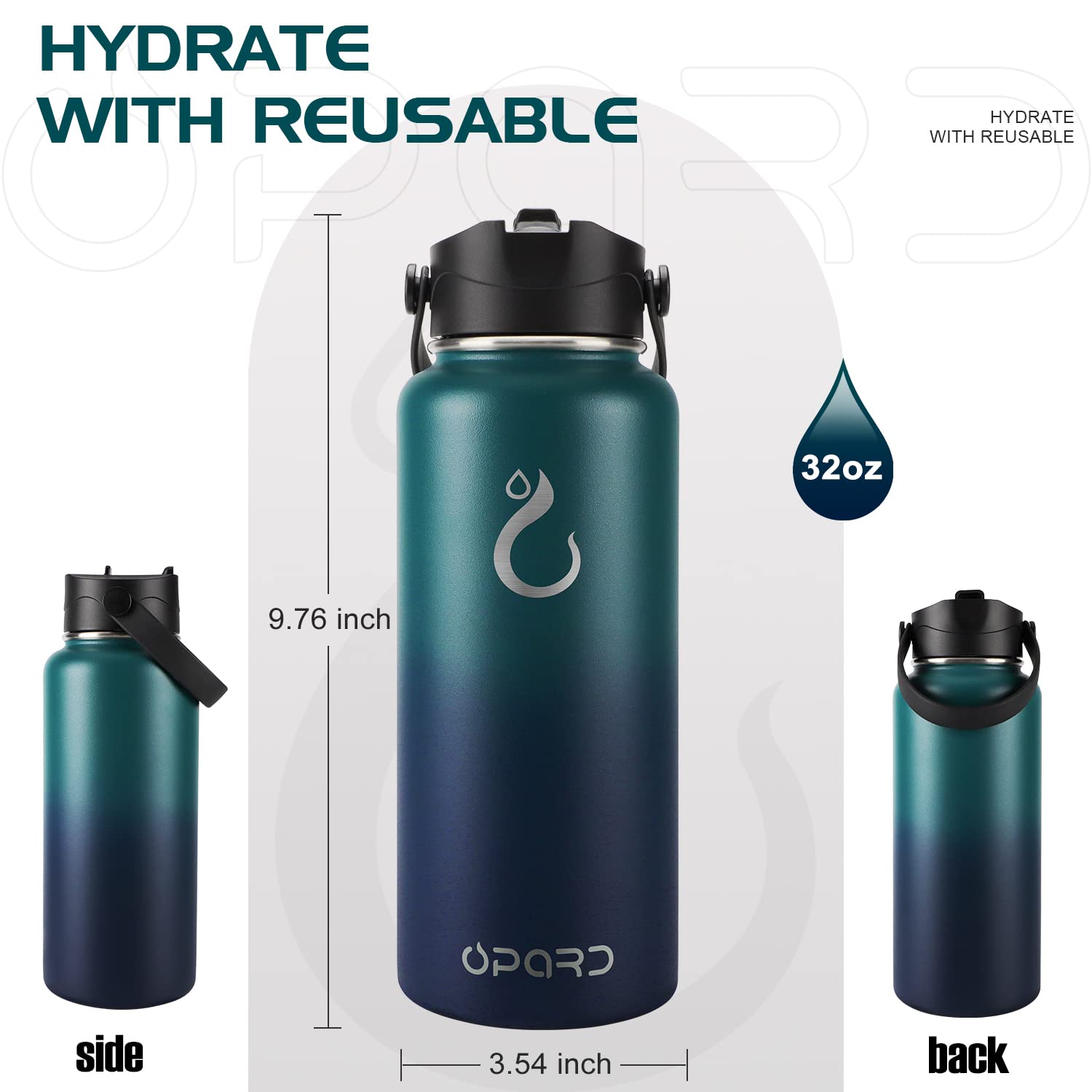 Opard Sports Water Bottle - 32 Oz, 3 Lids (Straw Lid, Flip Lid, Spout Lid), Leak Proof, Vacuum Insulated Stainless Steel, Double Walled, Reusable Metal Canteen