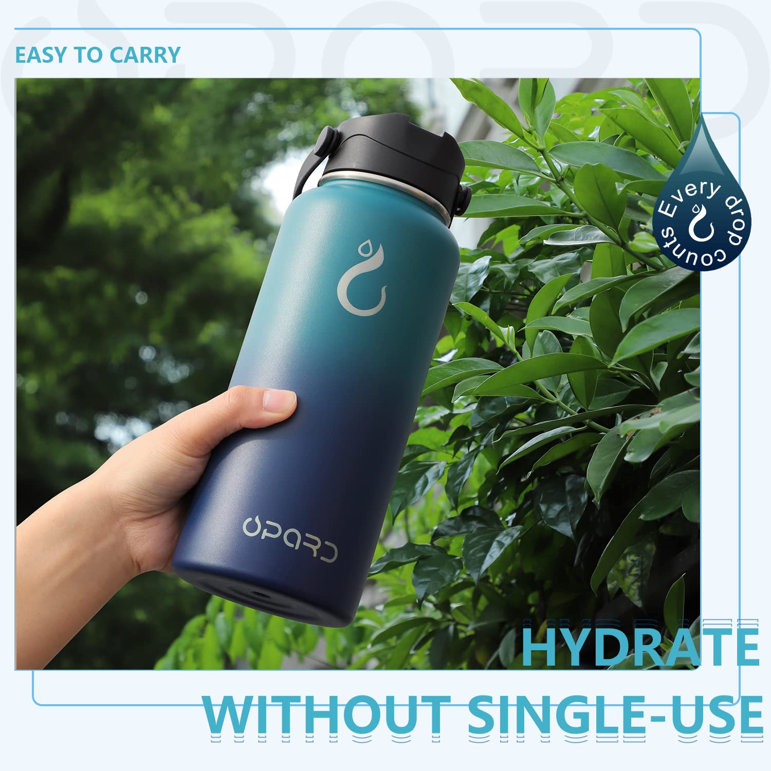 Opard Sports Water Bottle - 32 Oz, 3 Lids (Straw Lid, Flip Lid, Spout Lid), Leak Proof, Vacuum Insulated Stainless Steel, Double Walled, Reusable Metal Canteen